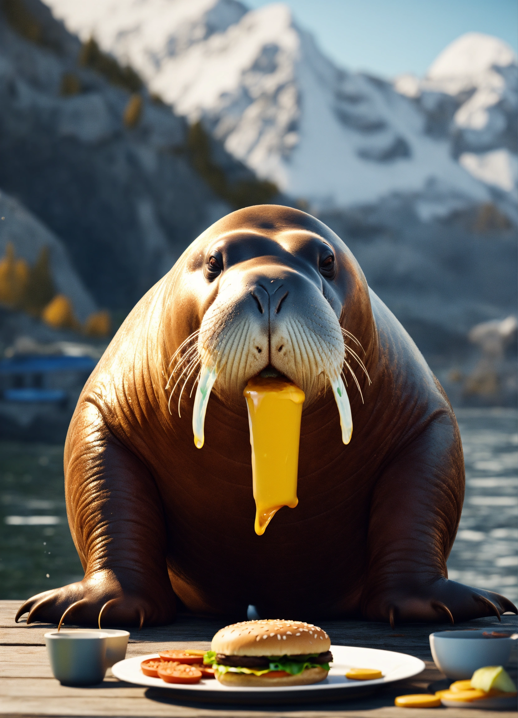 Lexica - A walrus standing on 2 legs, eating hamburger, unreal engine ...