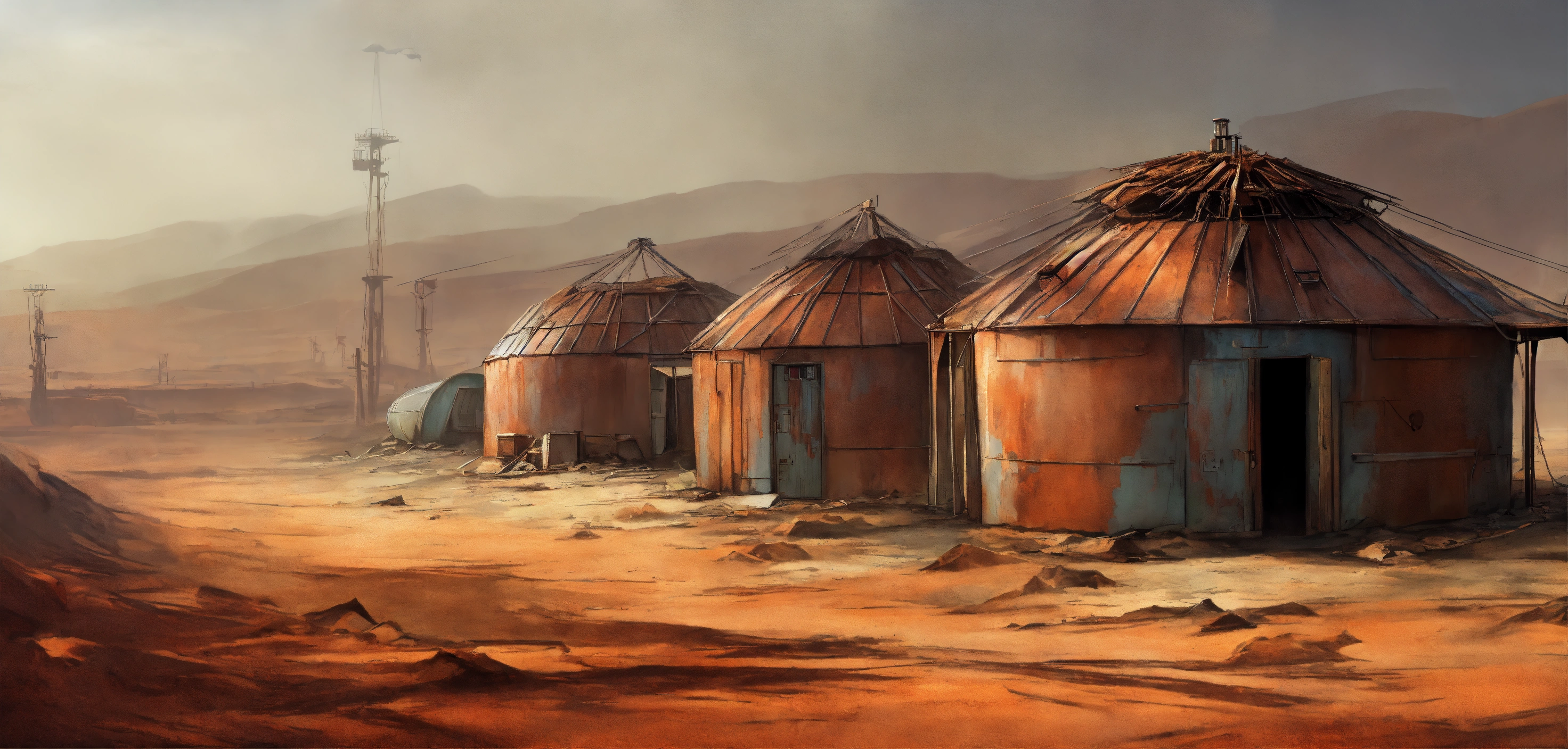 Lexica - Conept art, post apocalyptic, wasteland, sheet metal huts ...