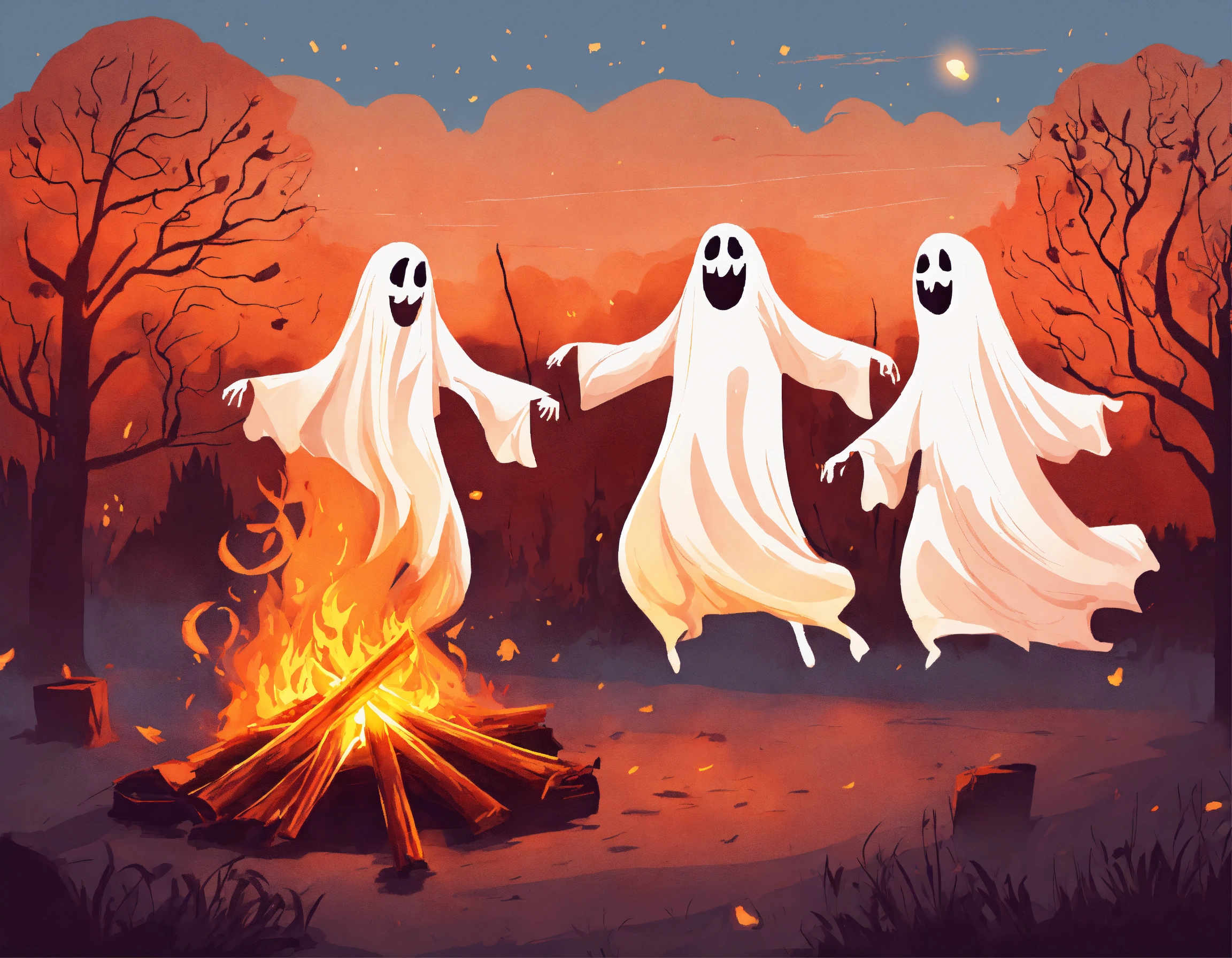 Lexica - Funny couple of ghost dancing around a bonfire digital ...