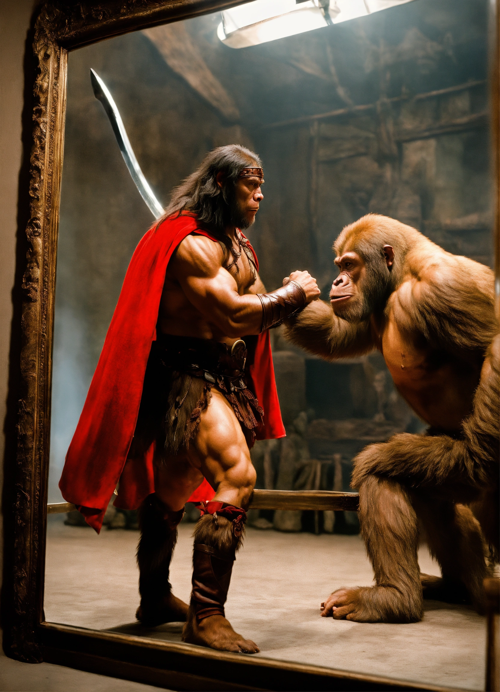 Lexica - Hyper real photo of Conan the barbarian, fighting a ape man in ...