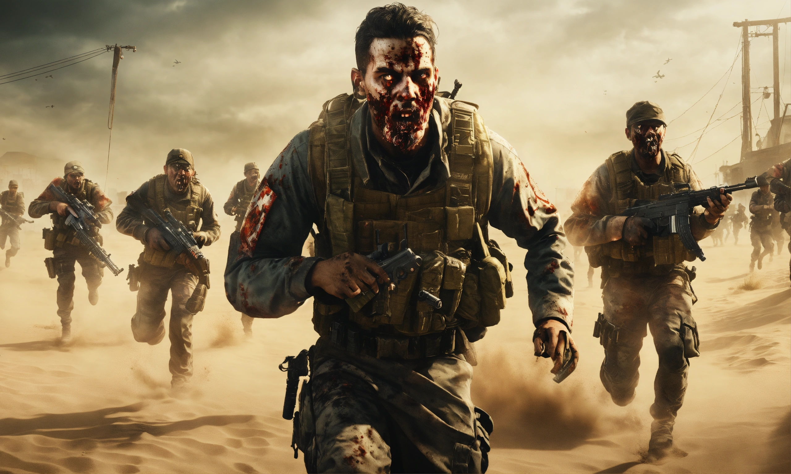 Lexica - Call of duty zombies running at camera on sand, cinematic 4k