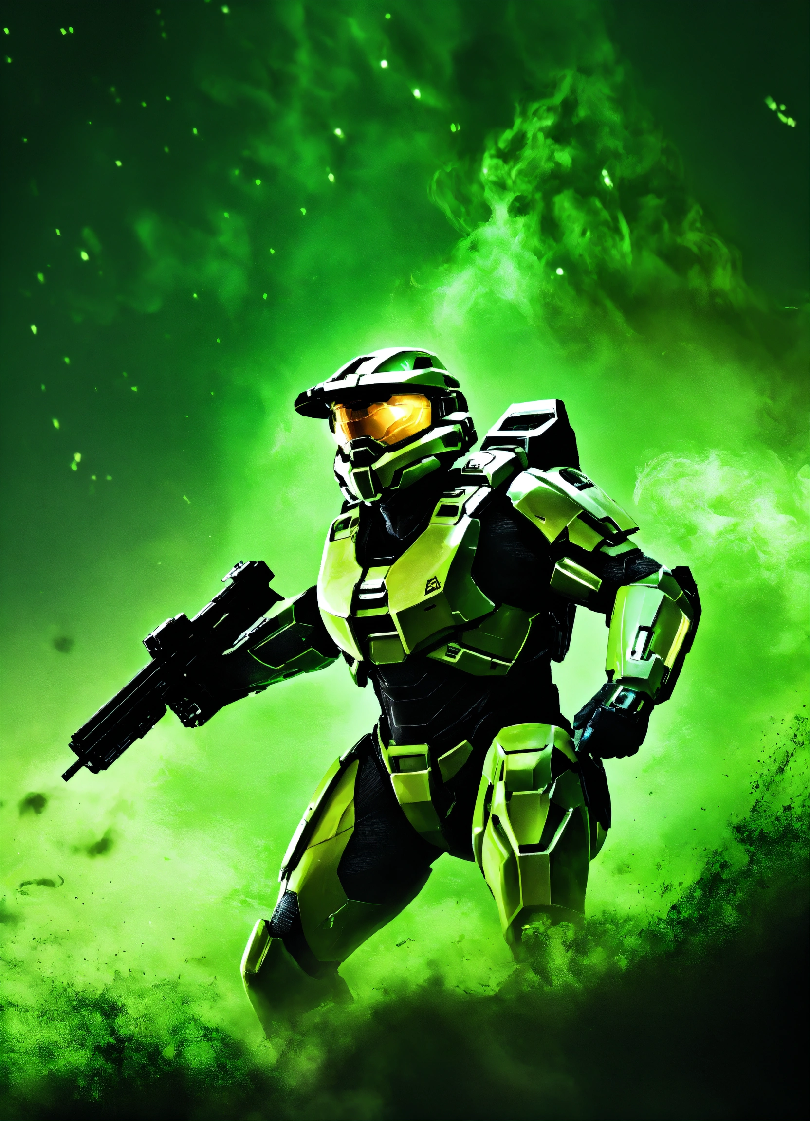 Lexica - Master chief, halo, 8k, xbox logo as background, neon green smoke