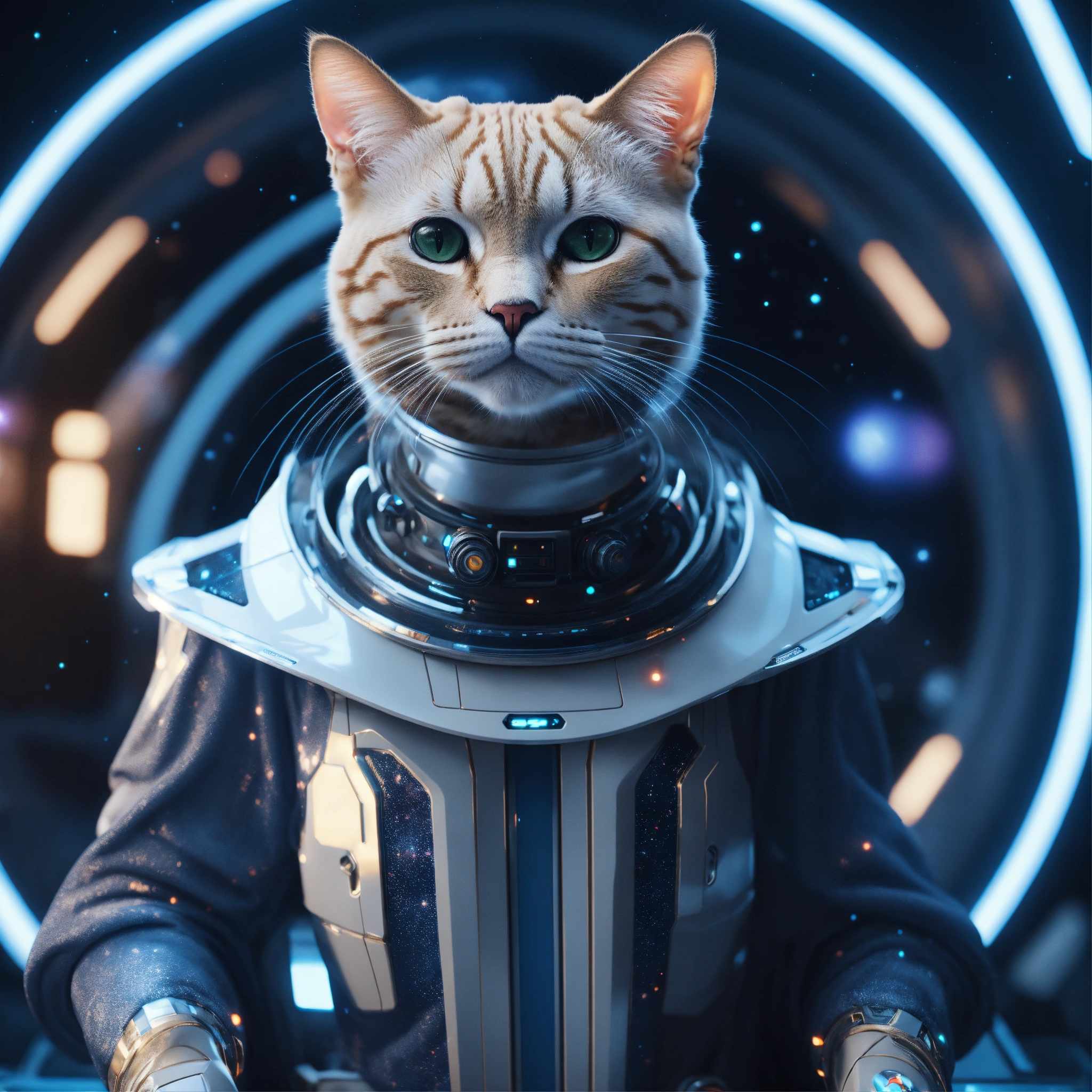 Lexica - Zoom out from a sophisticated cat faced humanoid wearing space ...