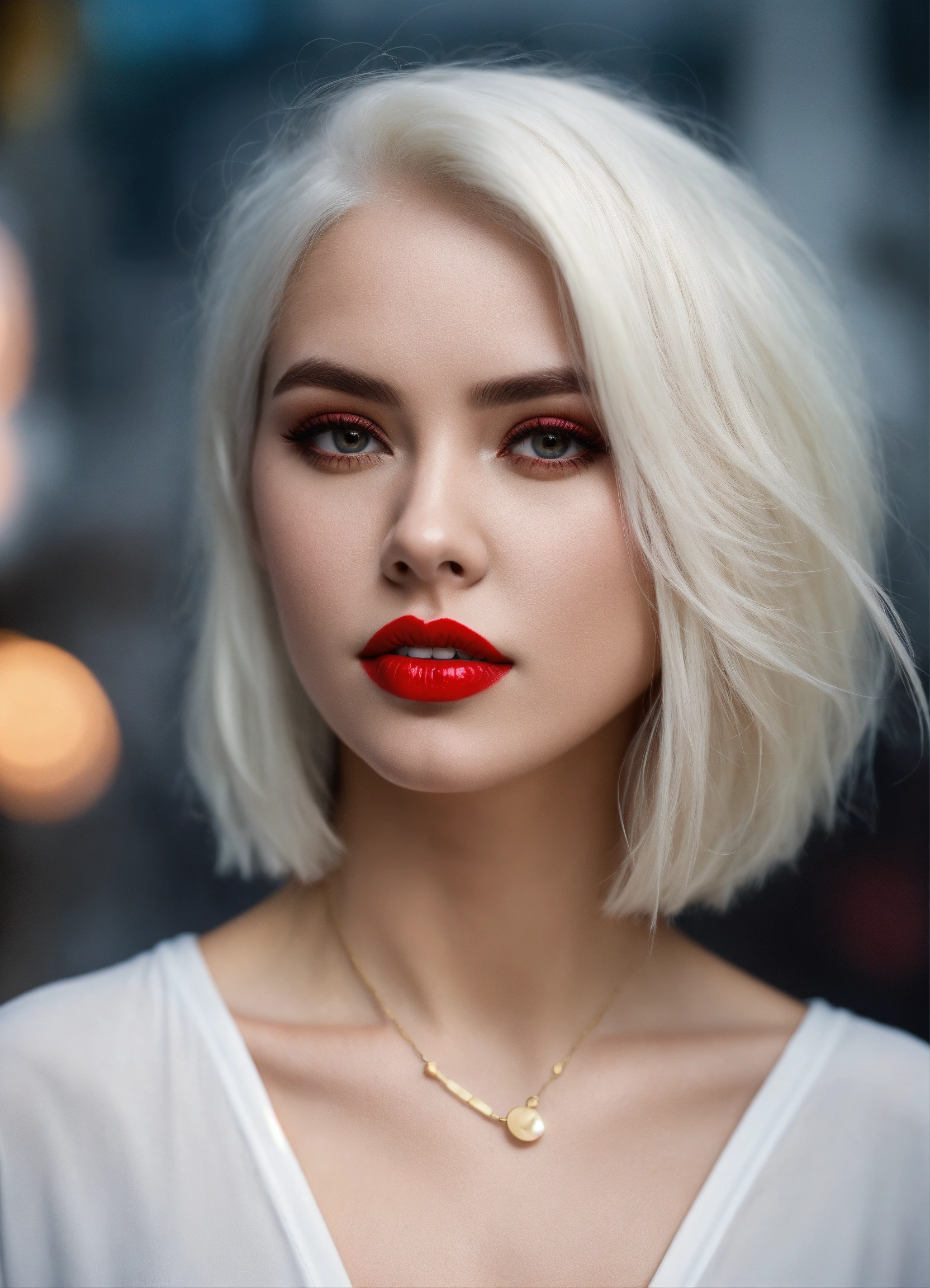 Lexica - Beautiful young woman, white skin, red lips, white hair, red ...