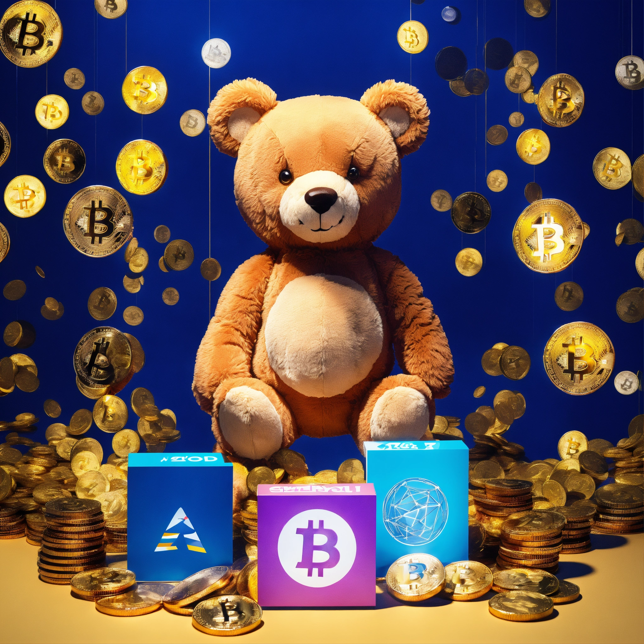 Lexica - Advertising poster of teddy bear , surrounded by cryptocurrency