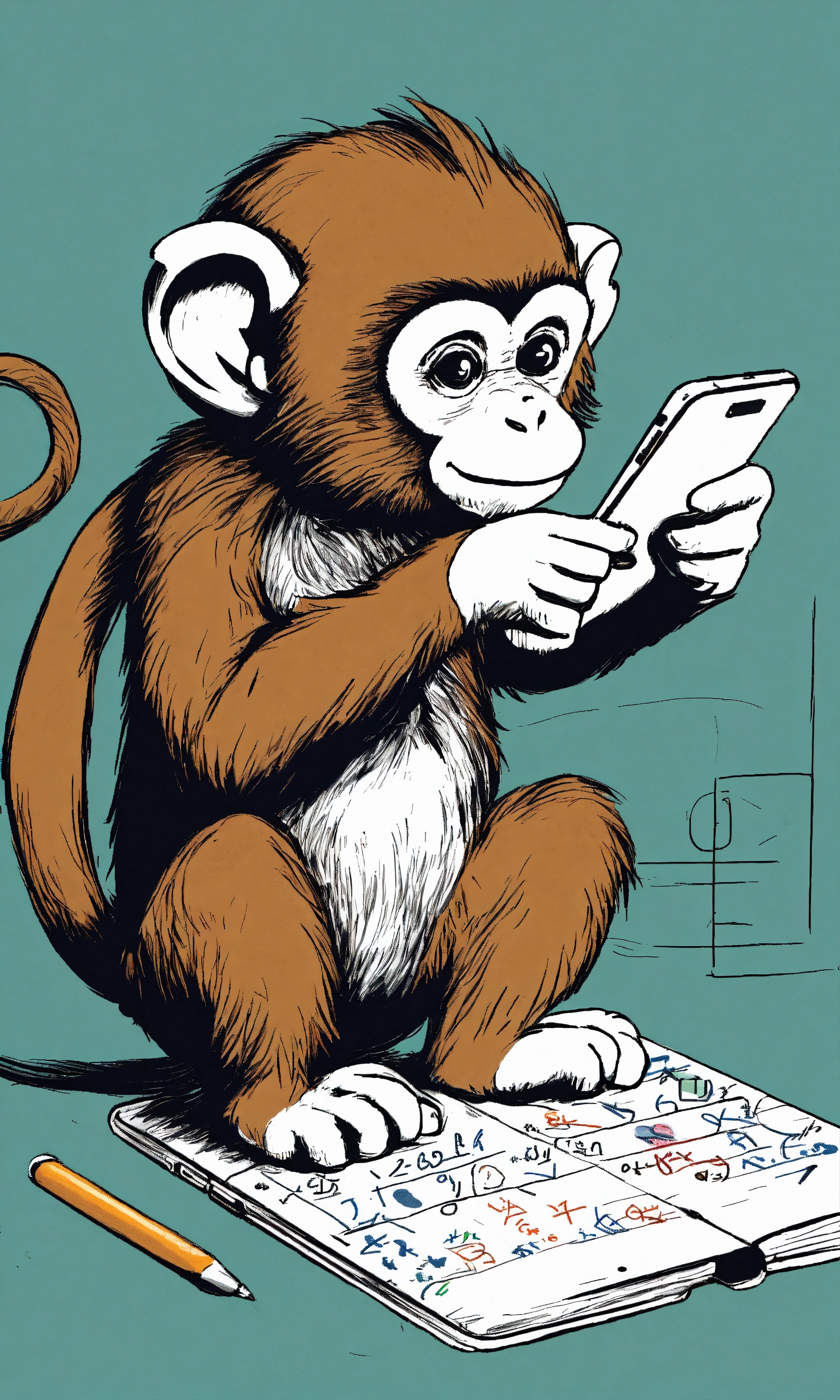 Lexica - A cute monkey using a smartphone, doing math, hand-drawn sketch.