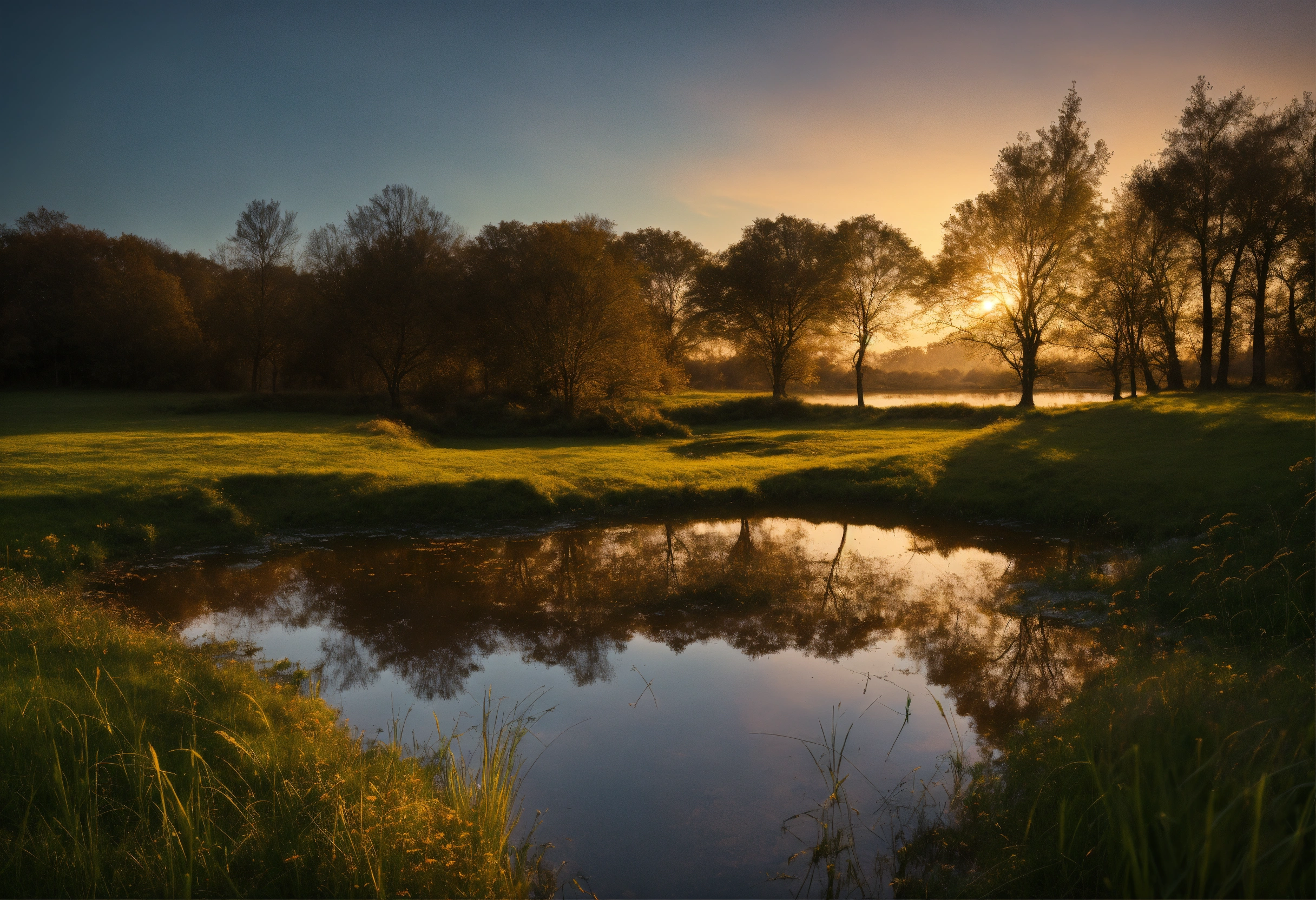 Lexica - View from the ground of a grassy landscape at dawn, realistic ...