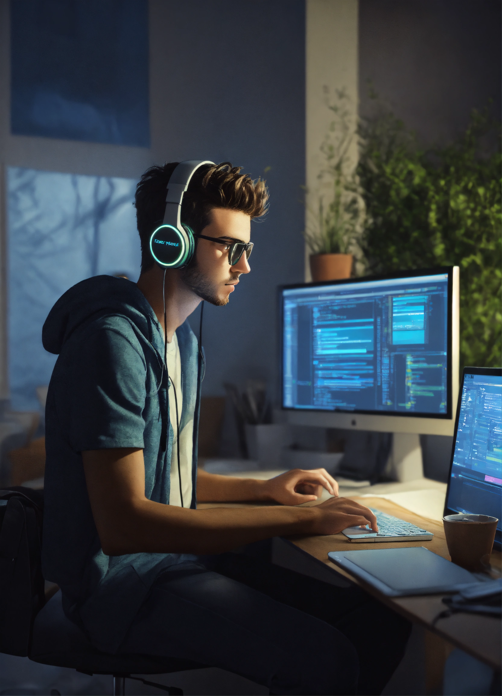 Lexica - Men in his 20s coding on his computer,3d, realistic.