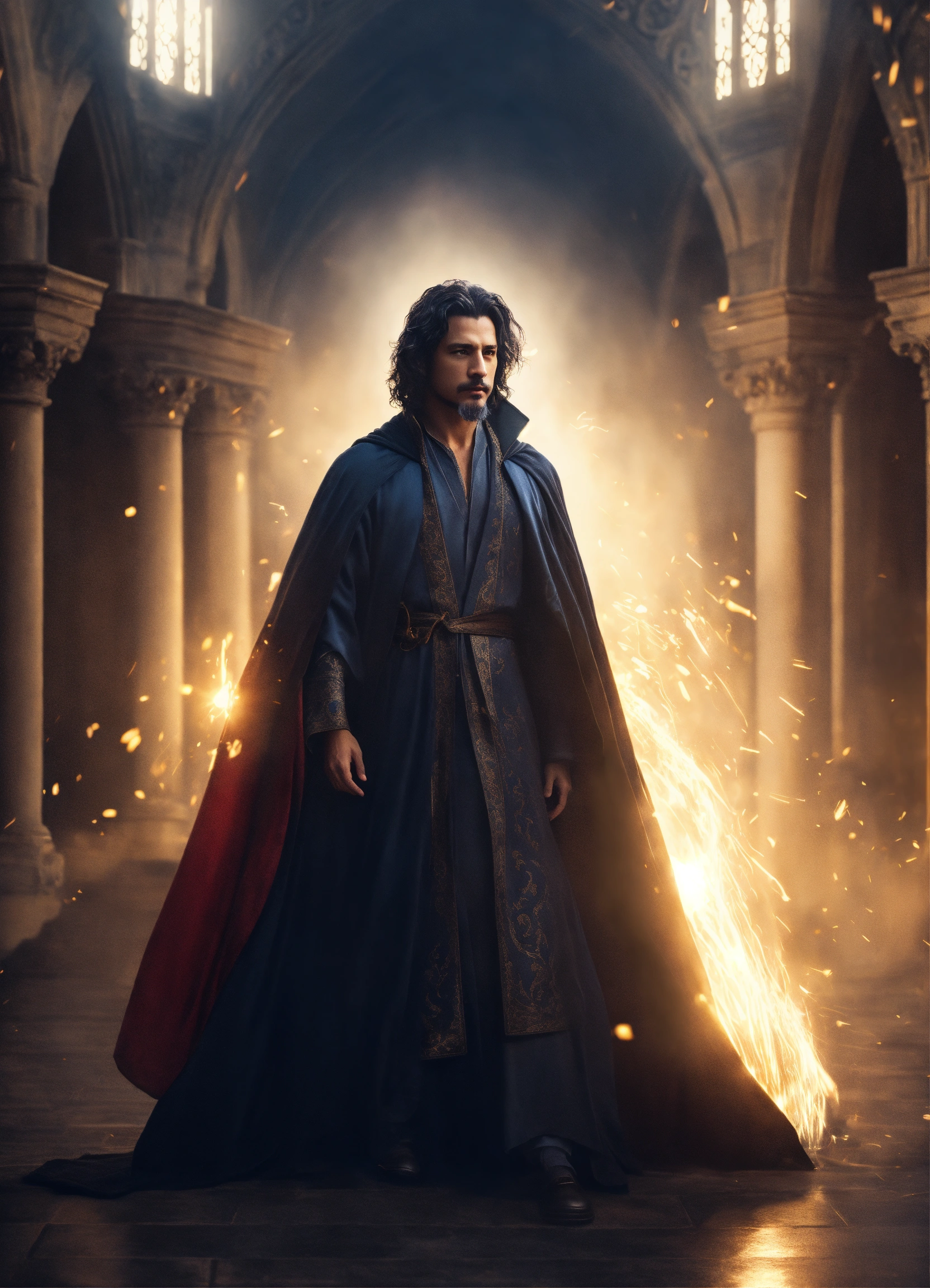 Lexica - Dark medium hair, french goatee, wizard robes white light ...