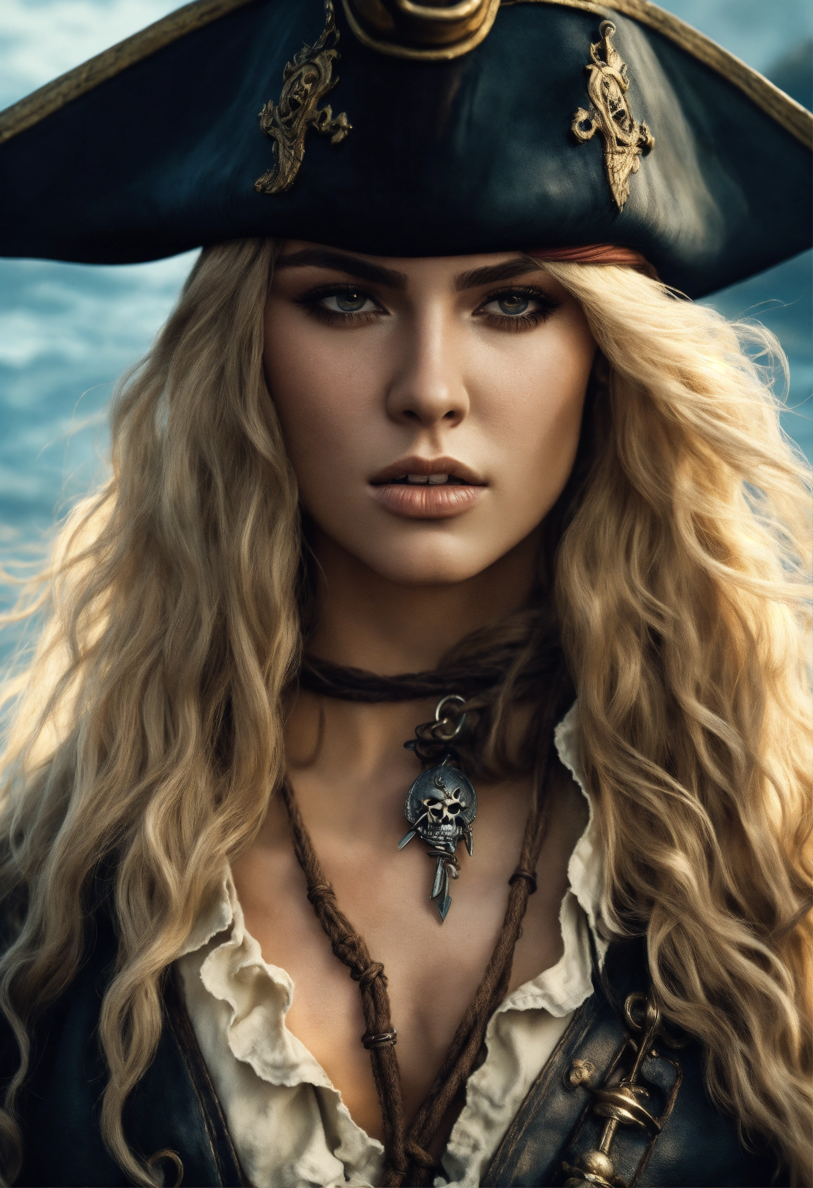 Lexica - Photorealistic, closeup, beautiful savage pirate woman, facing ...