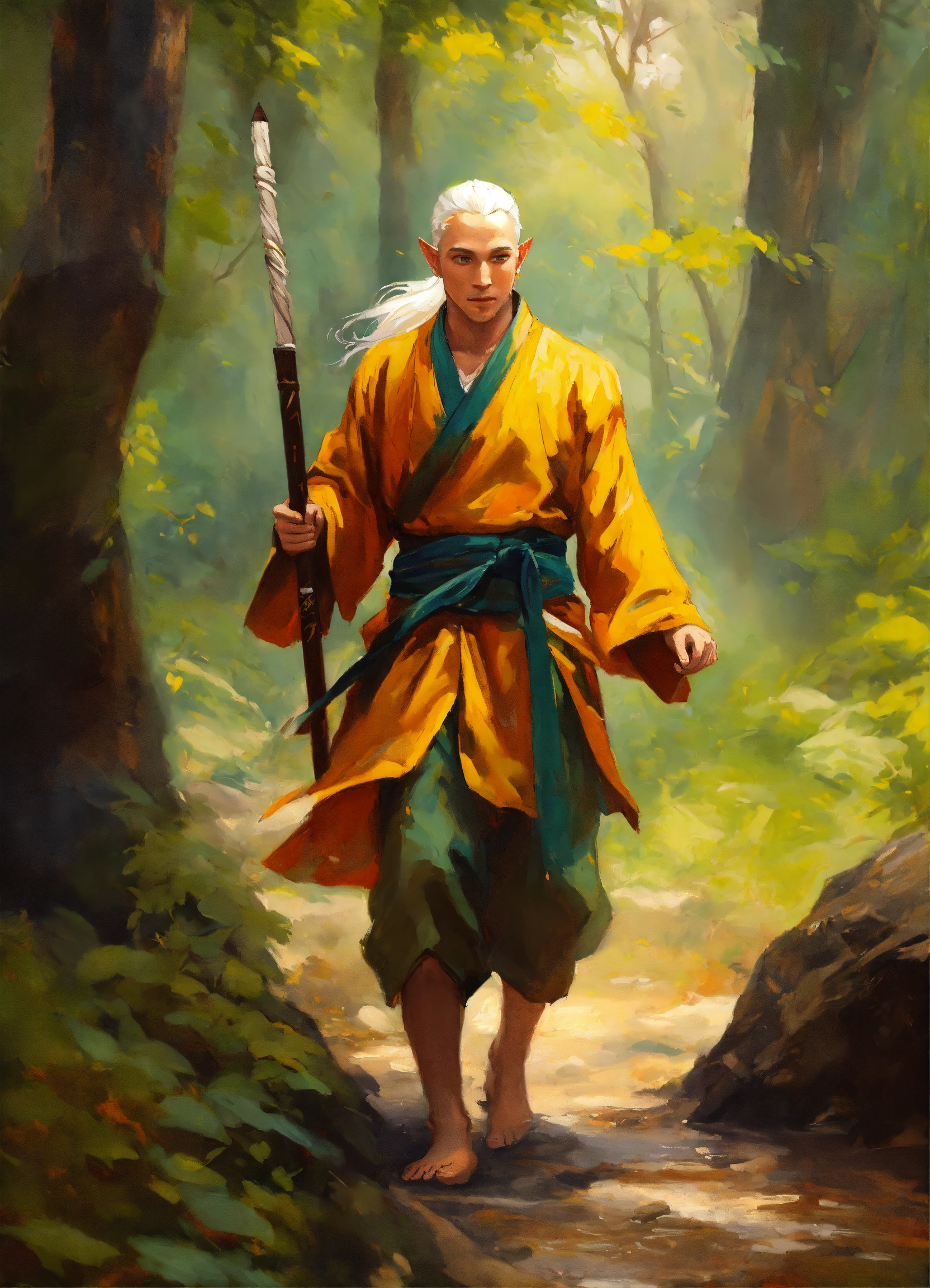 Lexica - White haired elf monk in martial artist robes with Stalf in a ...