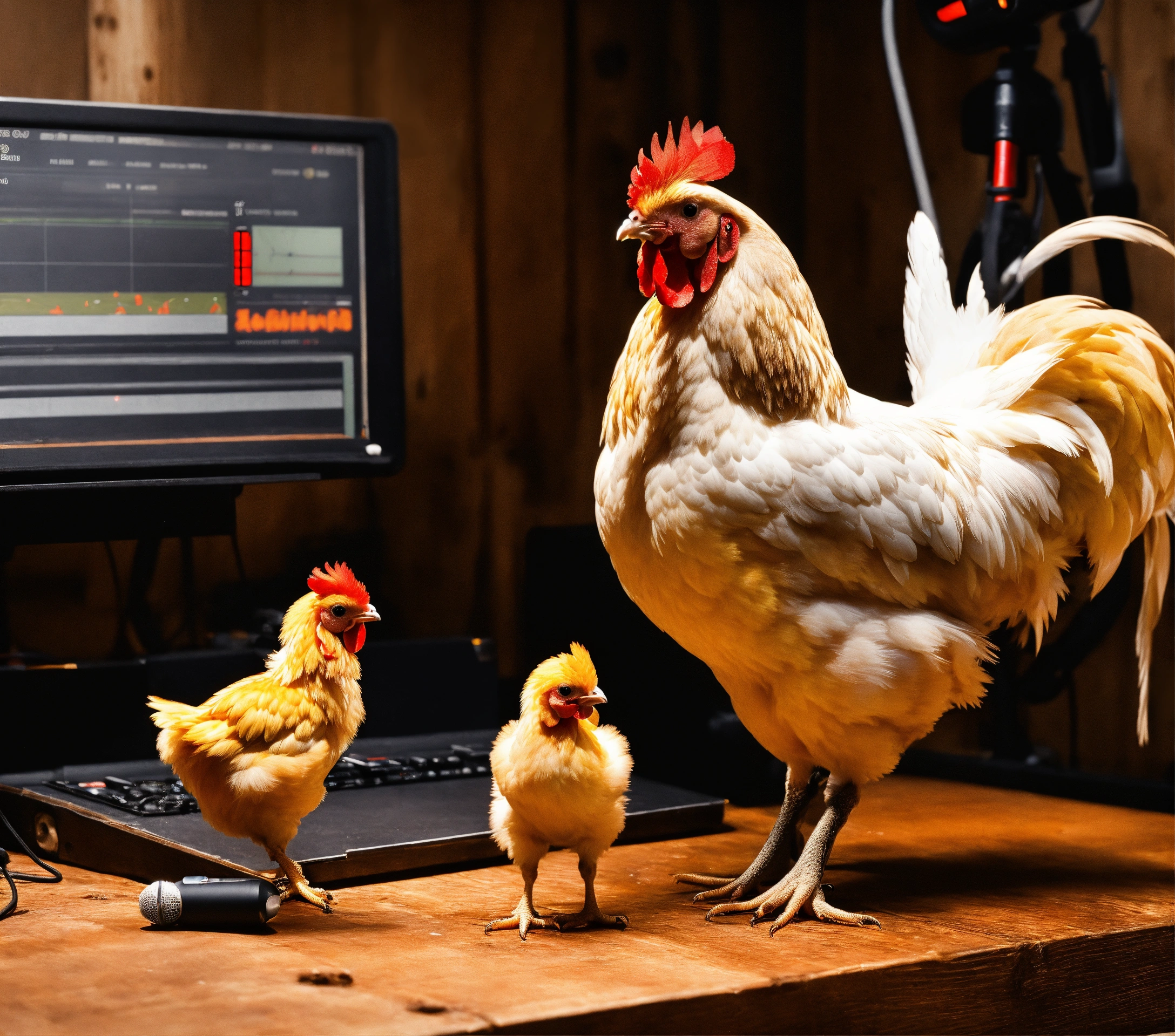 Lexica - Extremely photorealistic picture of chickens and a microphone ...
