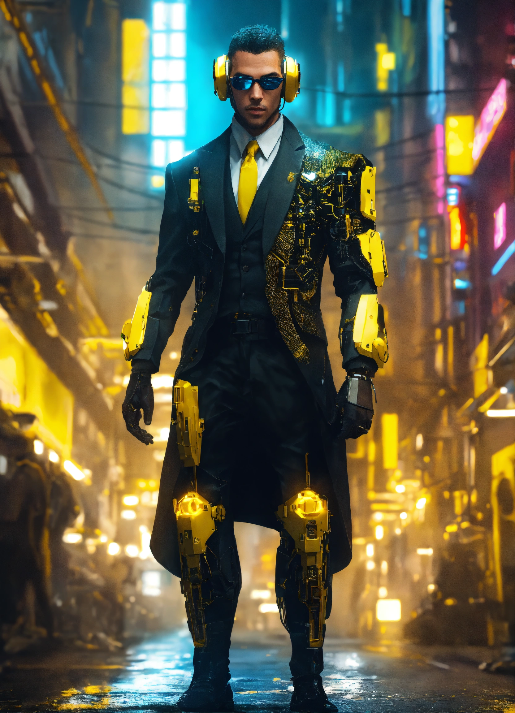 Lexica - Cyberpunk cyborg with yellow cybernetic parts. Mostly human ...