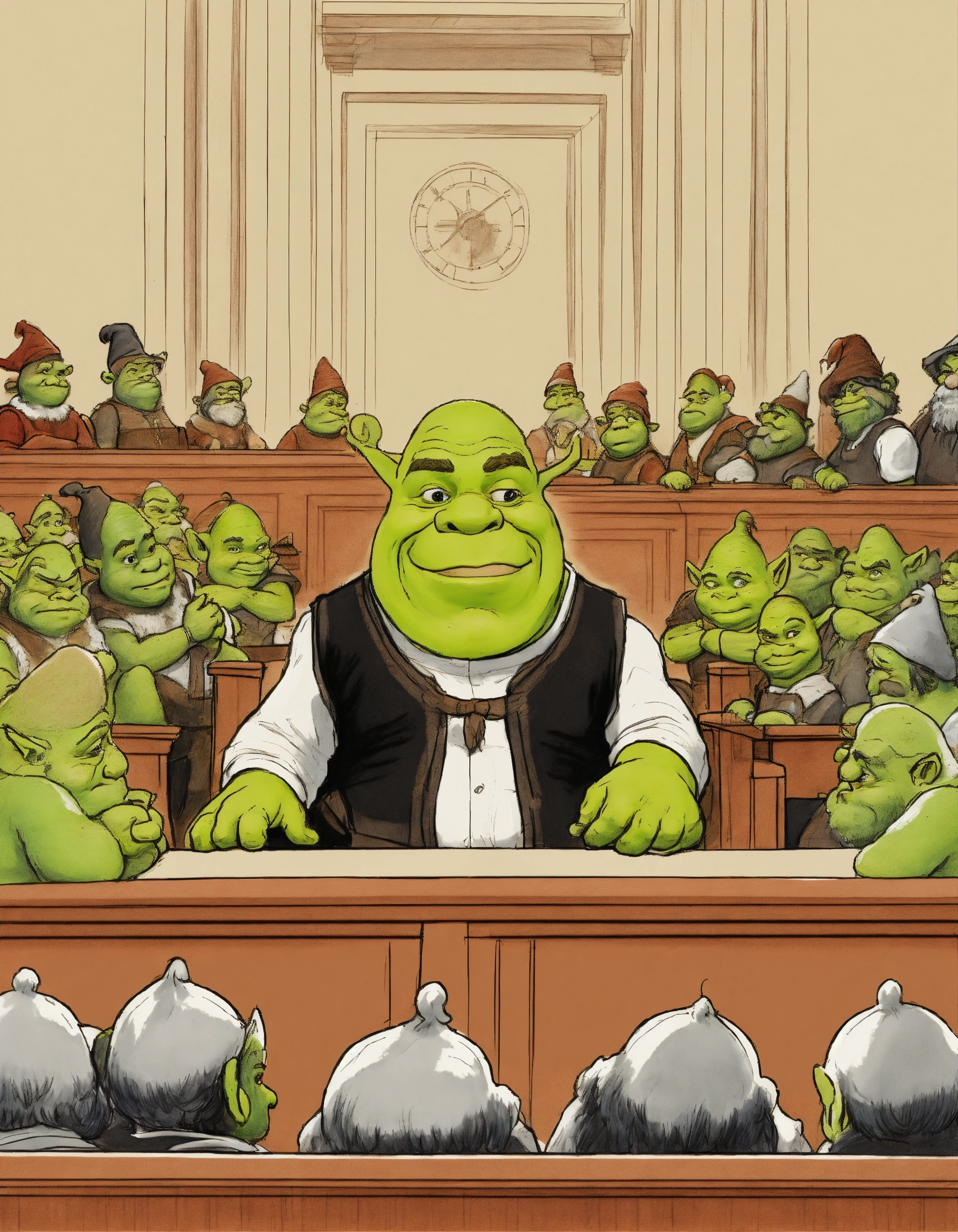 Lexica - A court drawing of Shrek on trial. A jury of gnomes look on at ...