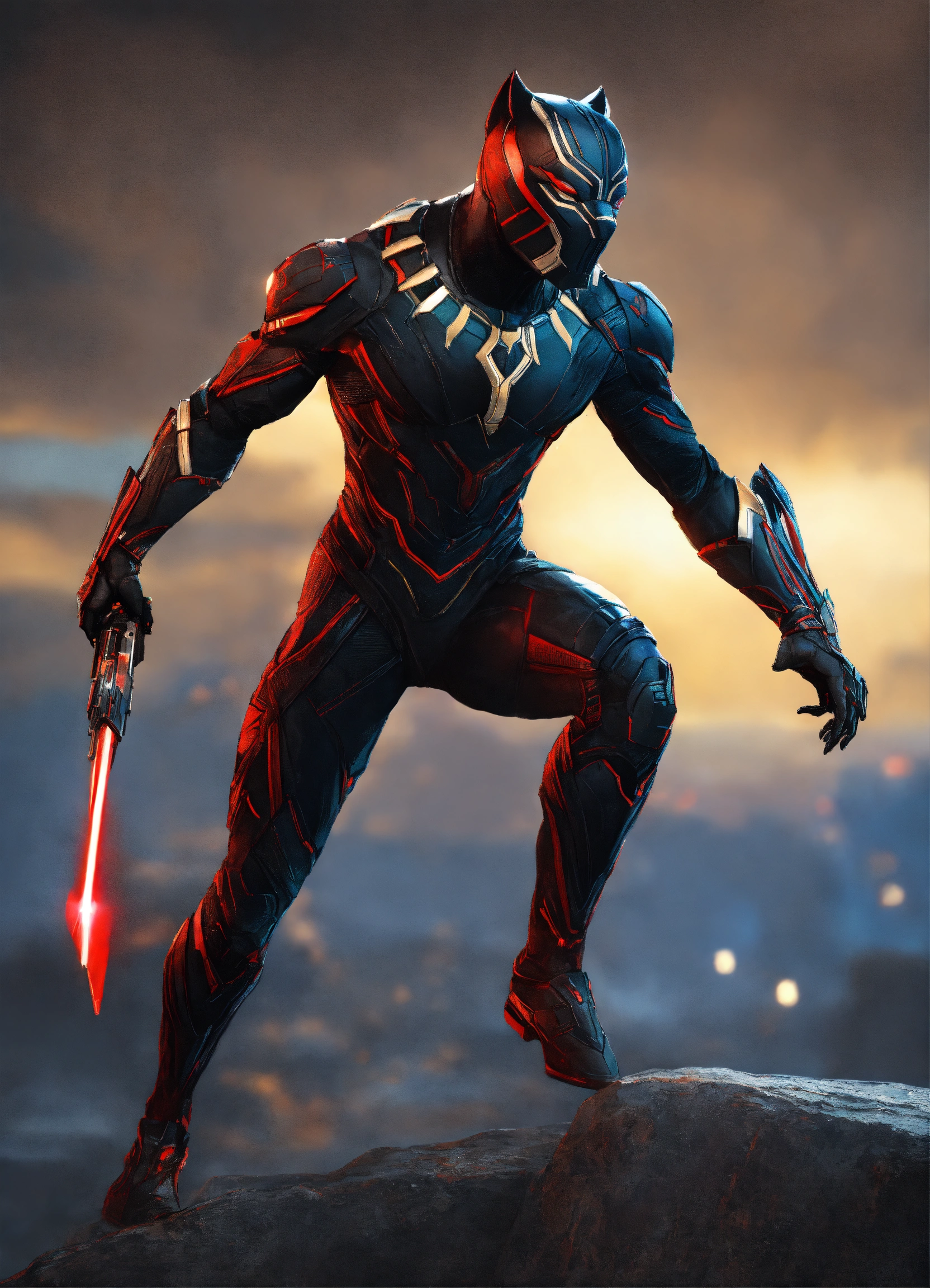 Lexica - Full-body posed black panther Warframe with red laser eyes