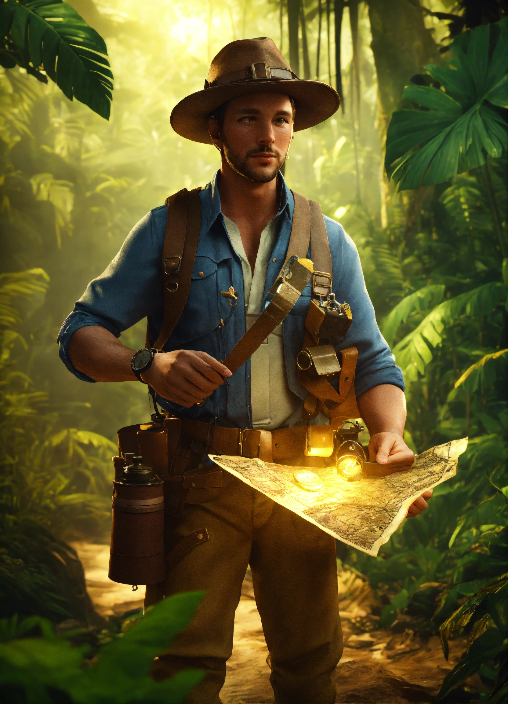 Lexica - A 35-years-old Treasure Hunter with a explorer hat and dressed ...