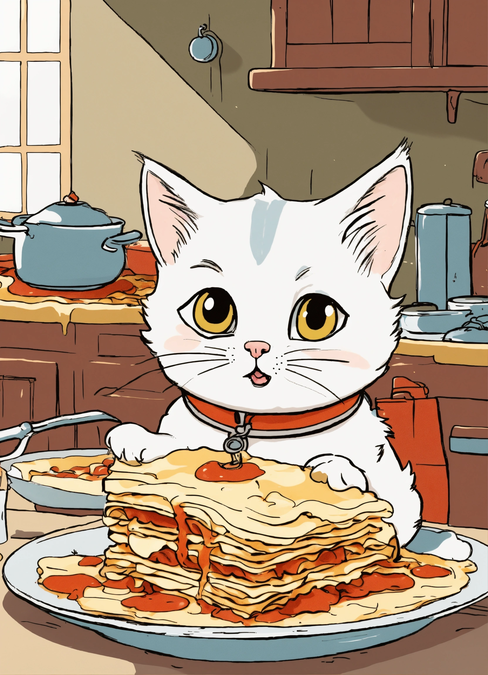 Lexica - A cute ADORABLE white LITTLE cat WITH BIG EYES, eating messy ...