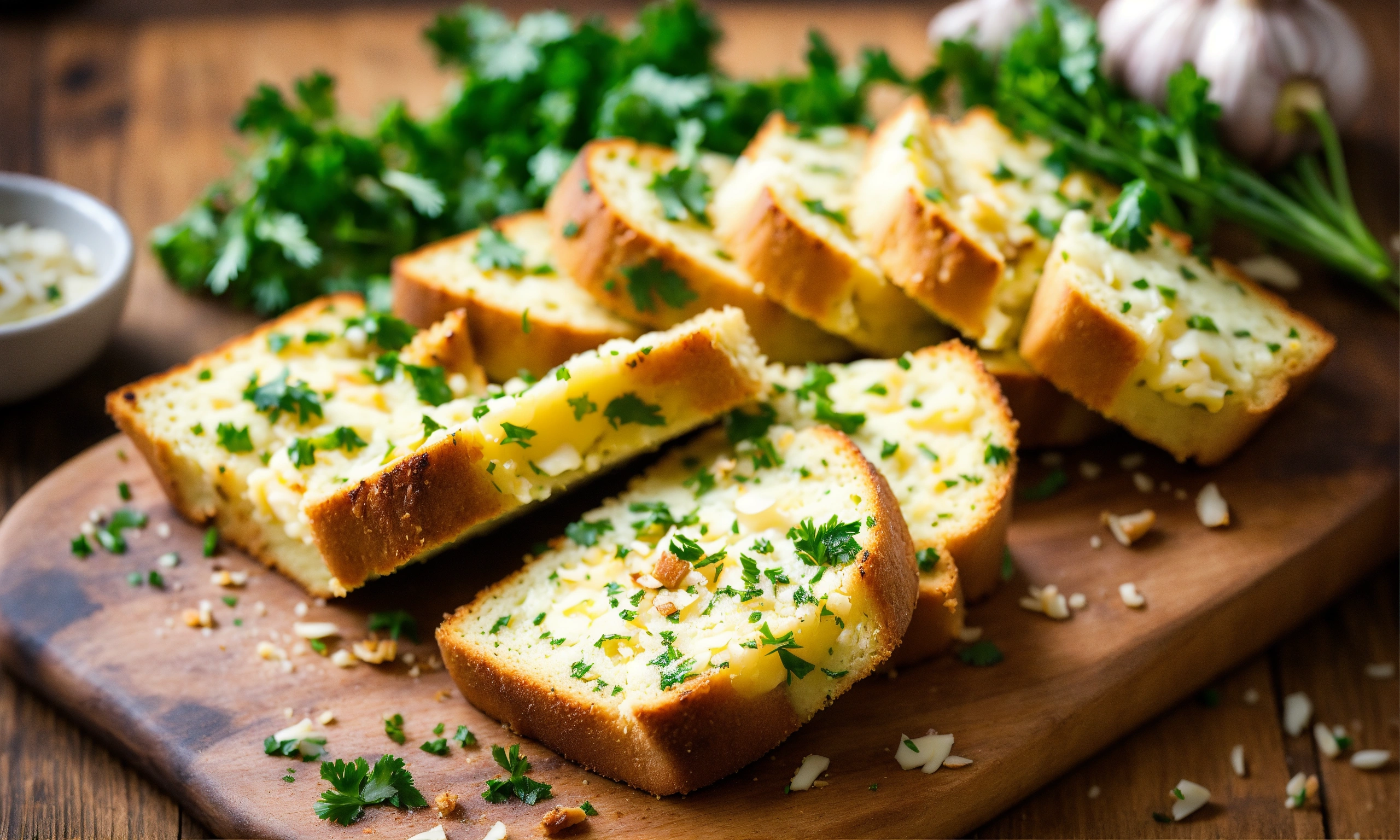Lexica - Garlic Bread Slices of crispy garlic bread, perhaps garnished ...