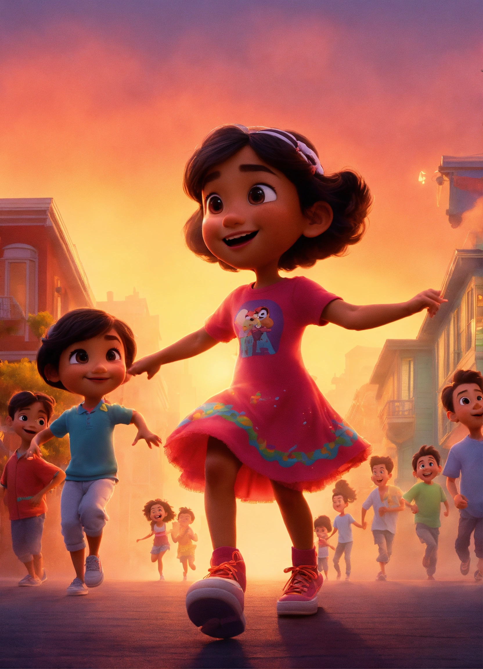Lexica - Pixar animation of hispanic 9 year old Mia dancing with her family under the foggy San ...