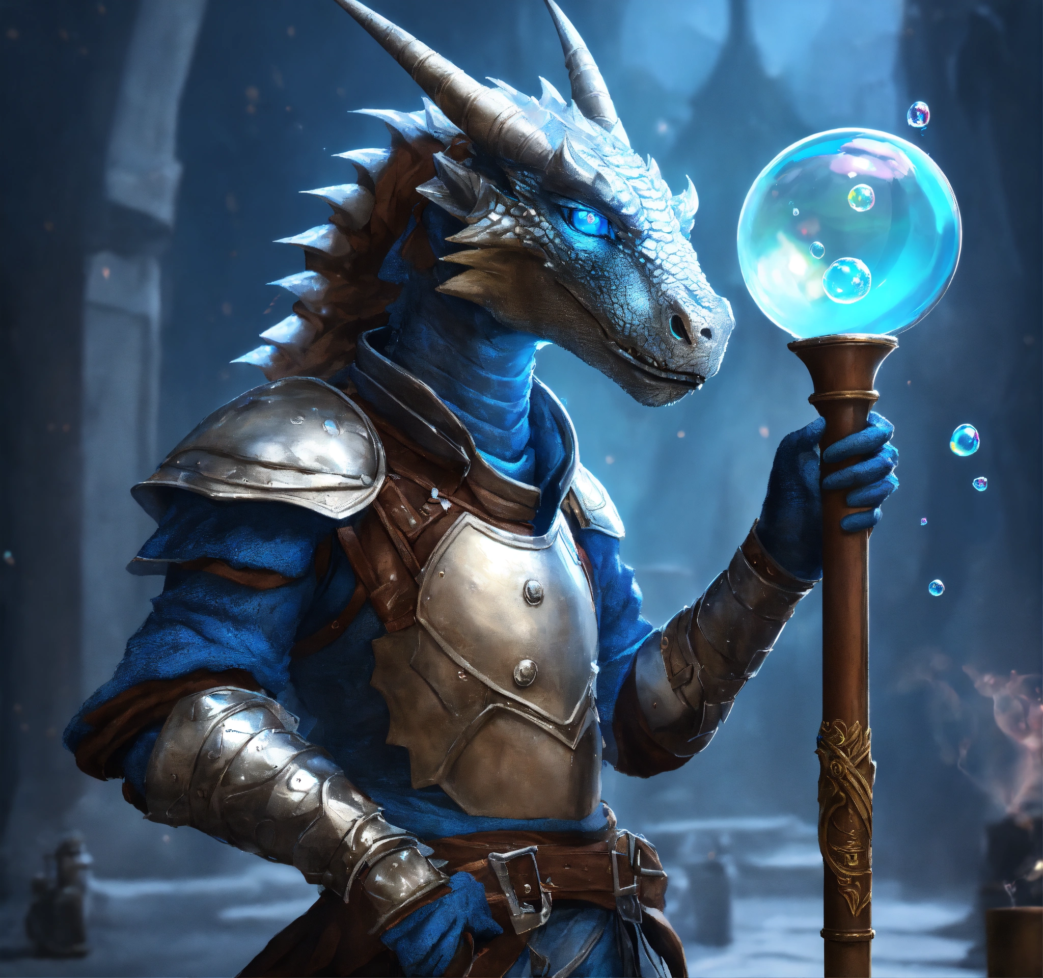 Lexica - A tall, skinny silver dragonborn with human blue eyes wearing ...