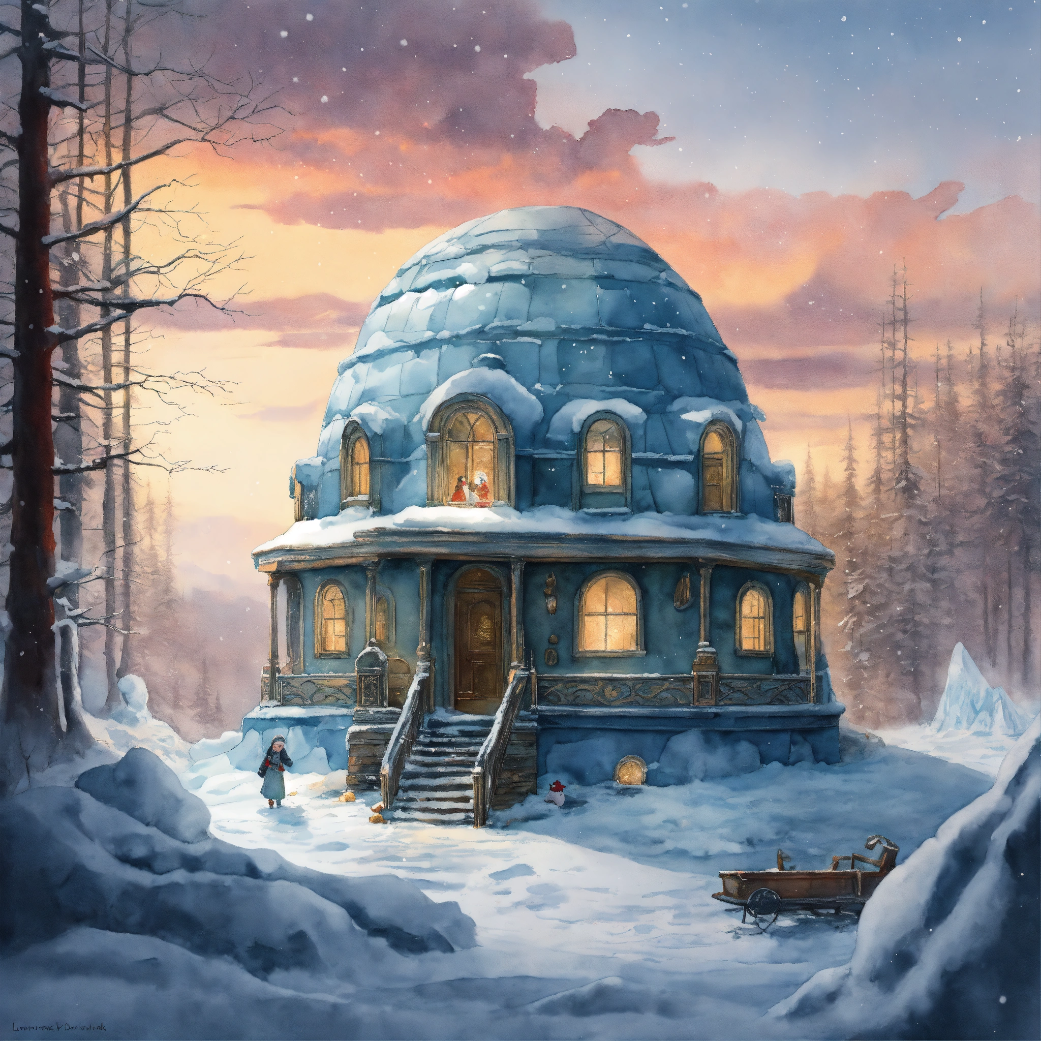 Lexica - A watercolor painting depicting an intricately detailed igloo ...