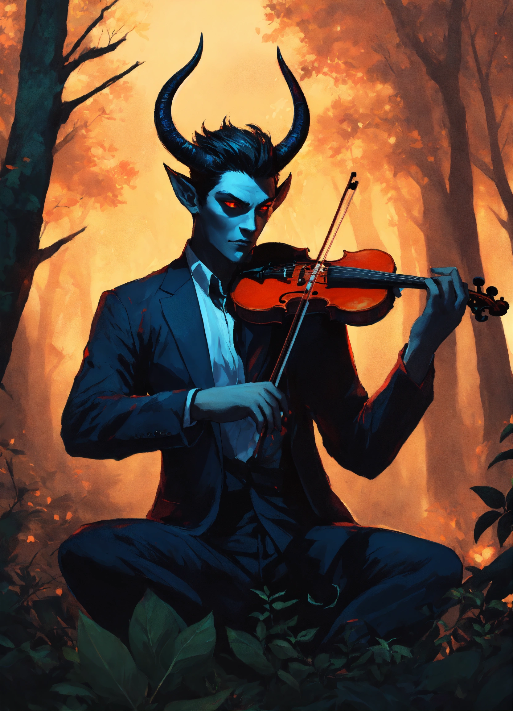 Lexica - Handsome demon man with small horns , in a forest at night ...