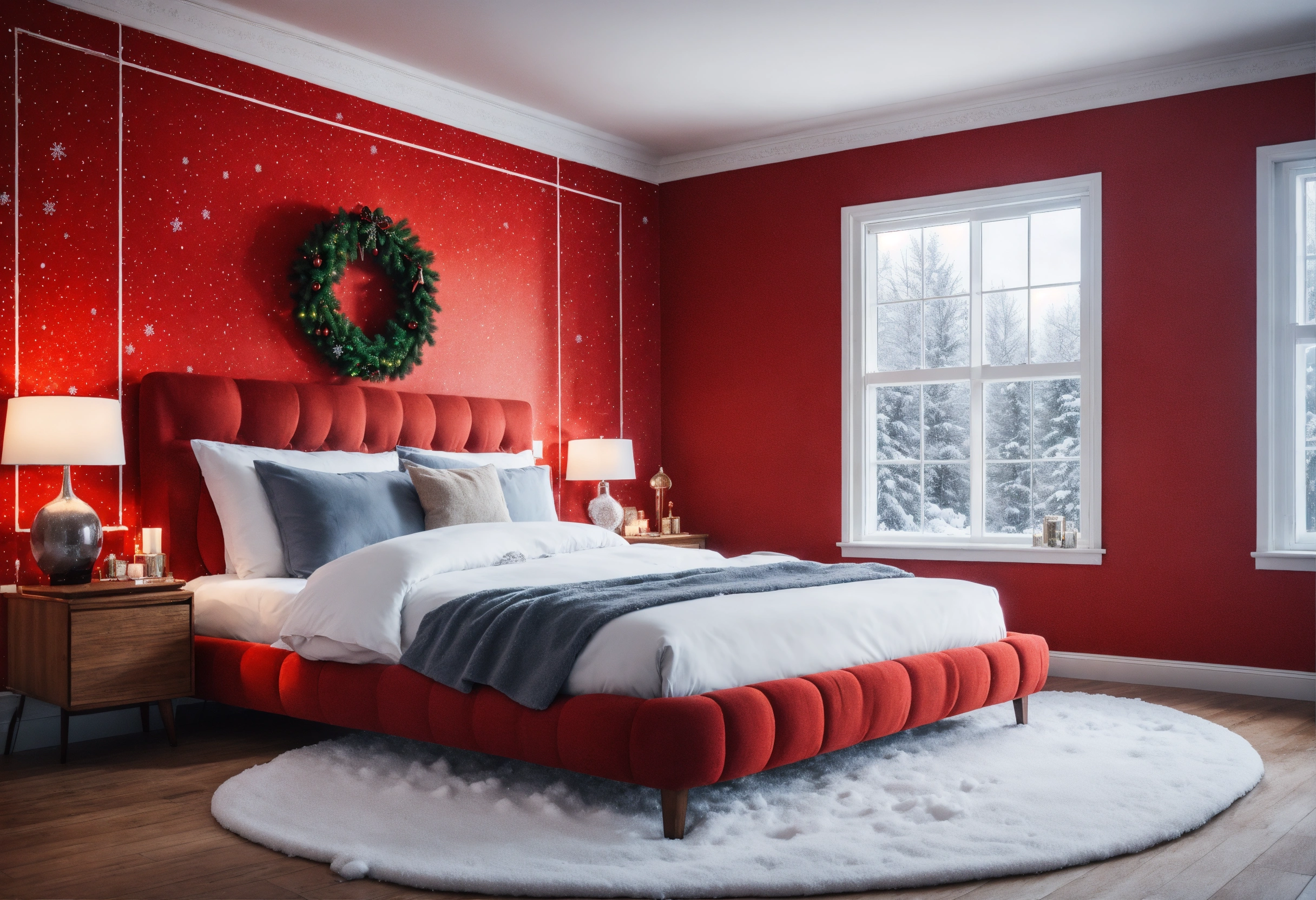 Lexica - Beautiful Christmas red bedroom facing facing forward. Bed ...