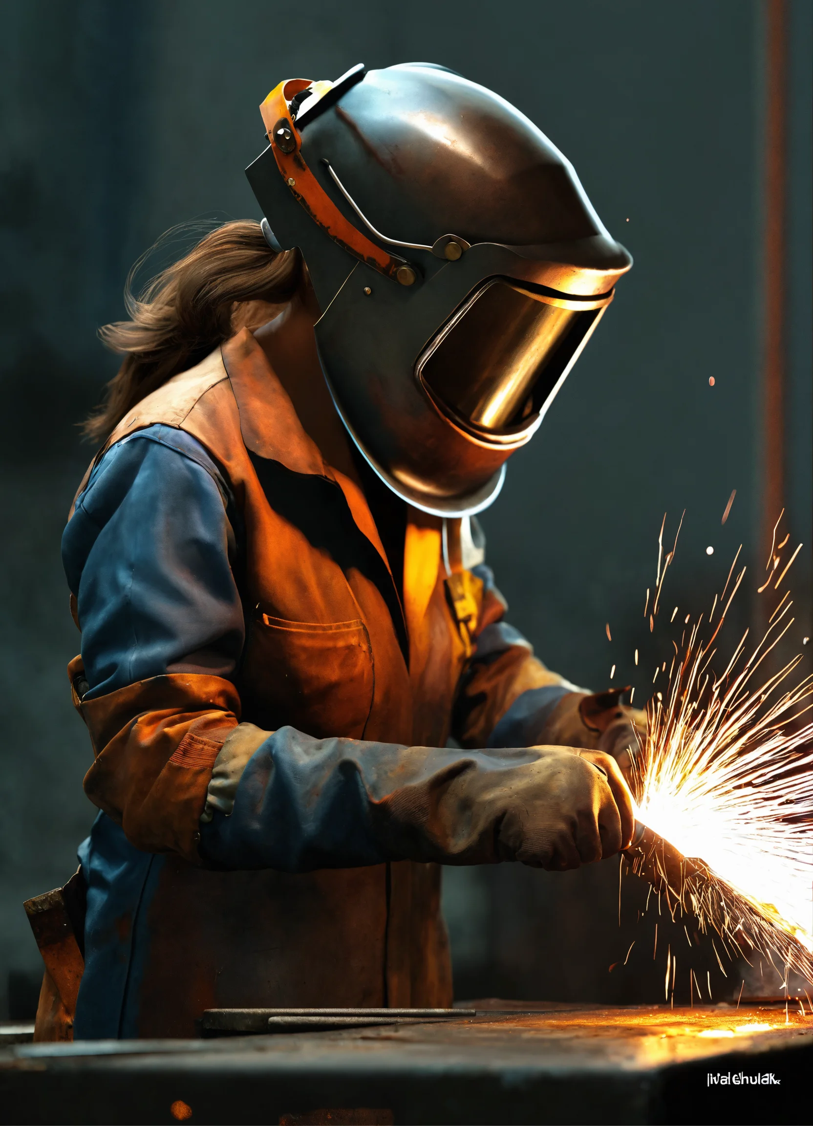 Lexica - Create a female welder in action, realistic