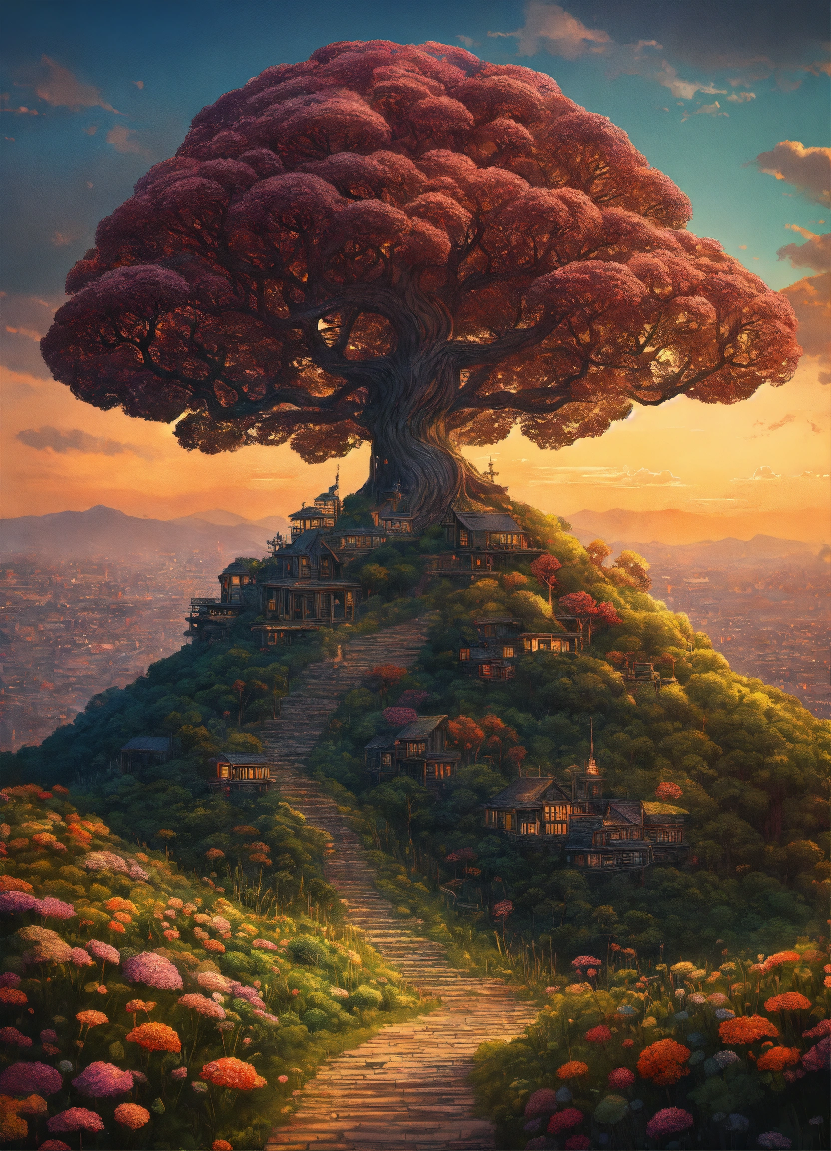 Lexica - Surreal giant tree on top of a hill, detailed, path up the ...