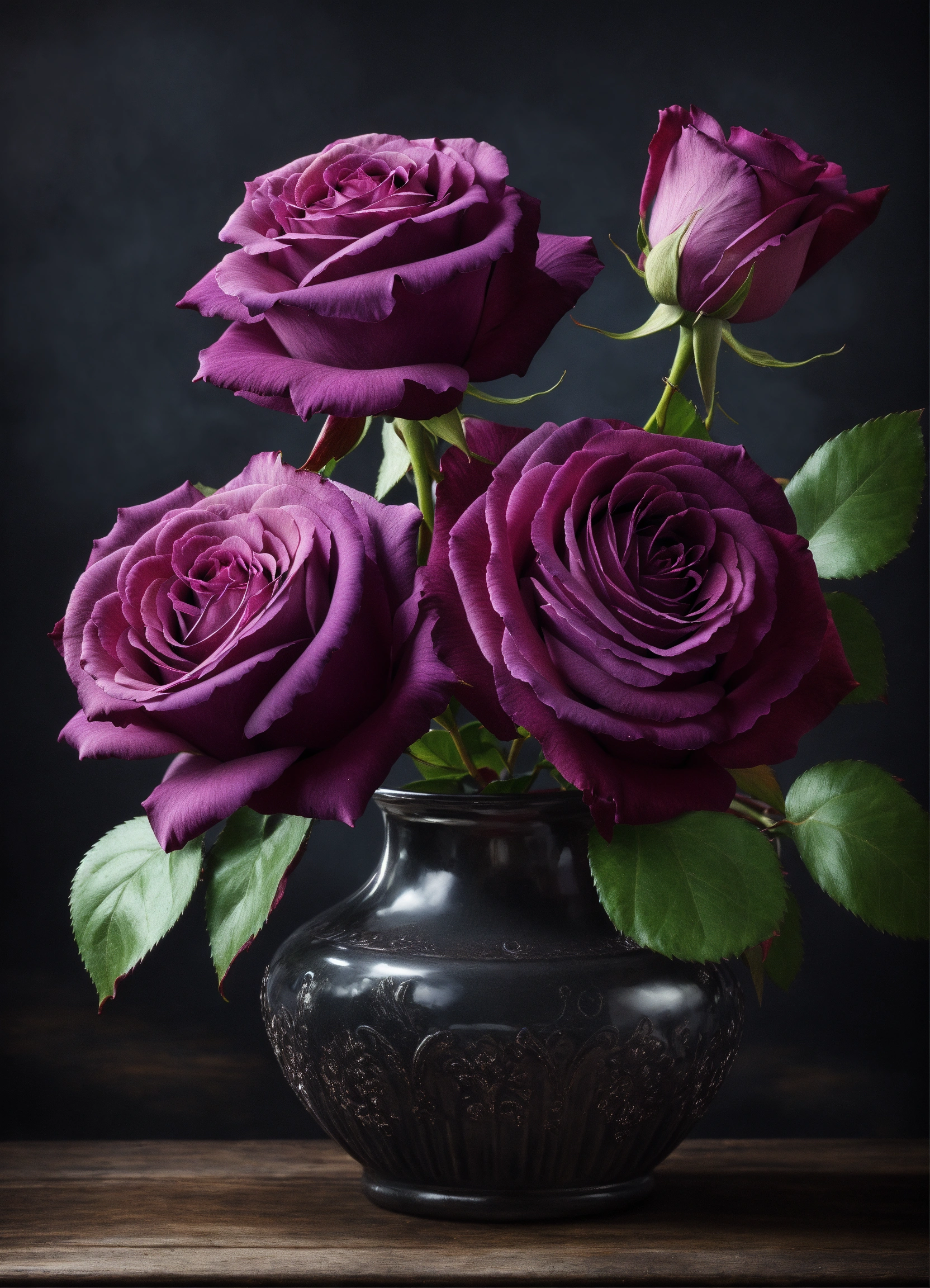 Lexica - Vintage Classic deep purple rose bouquet on dark background ...