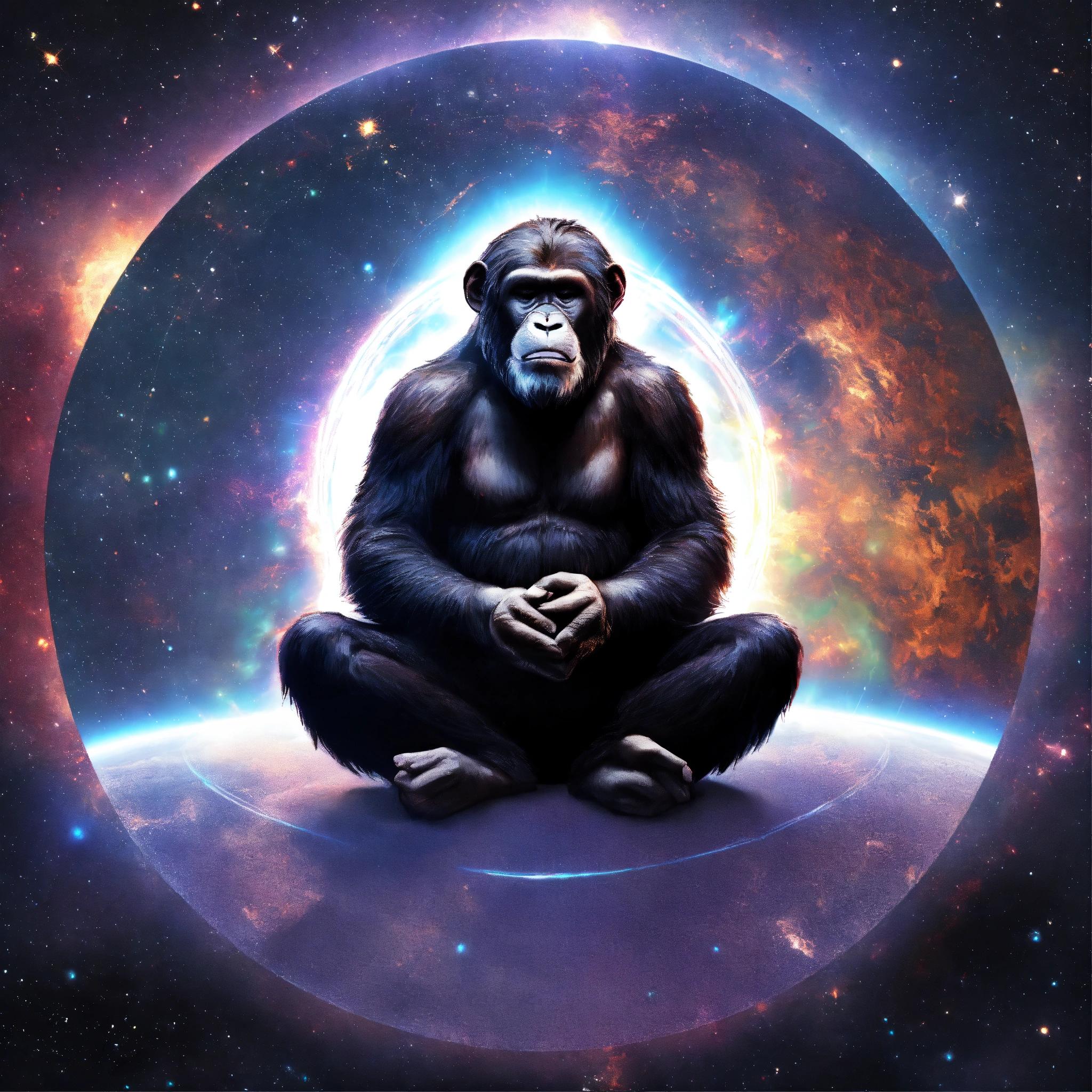 Lexica - Apes praying to a human god in space, in circle image ...