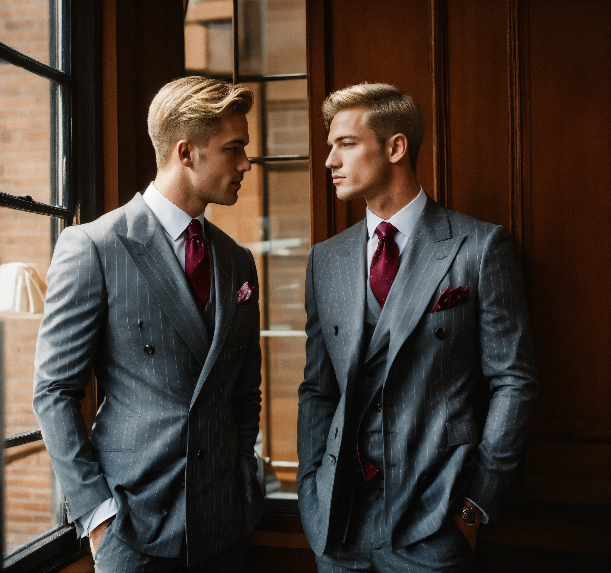 Lexica - Two blonde young male executives in light grey pinstripe double breasted suit and ...