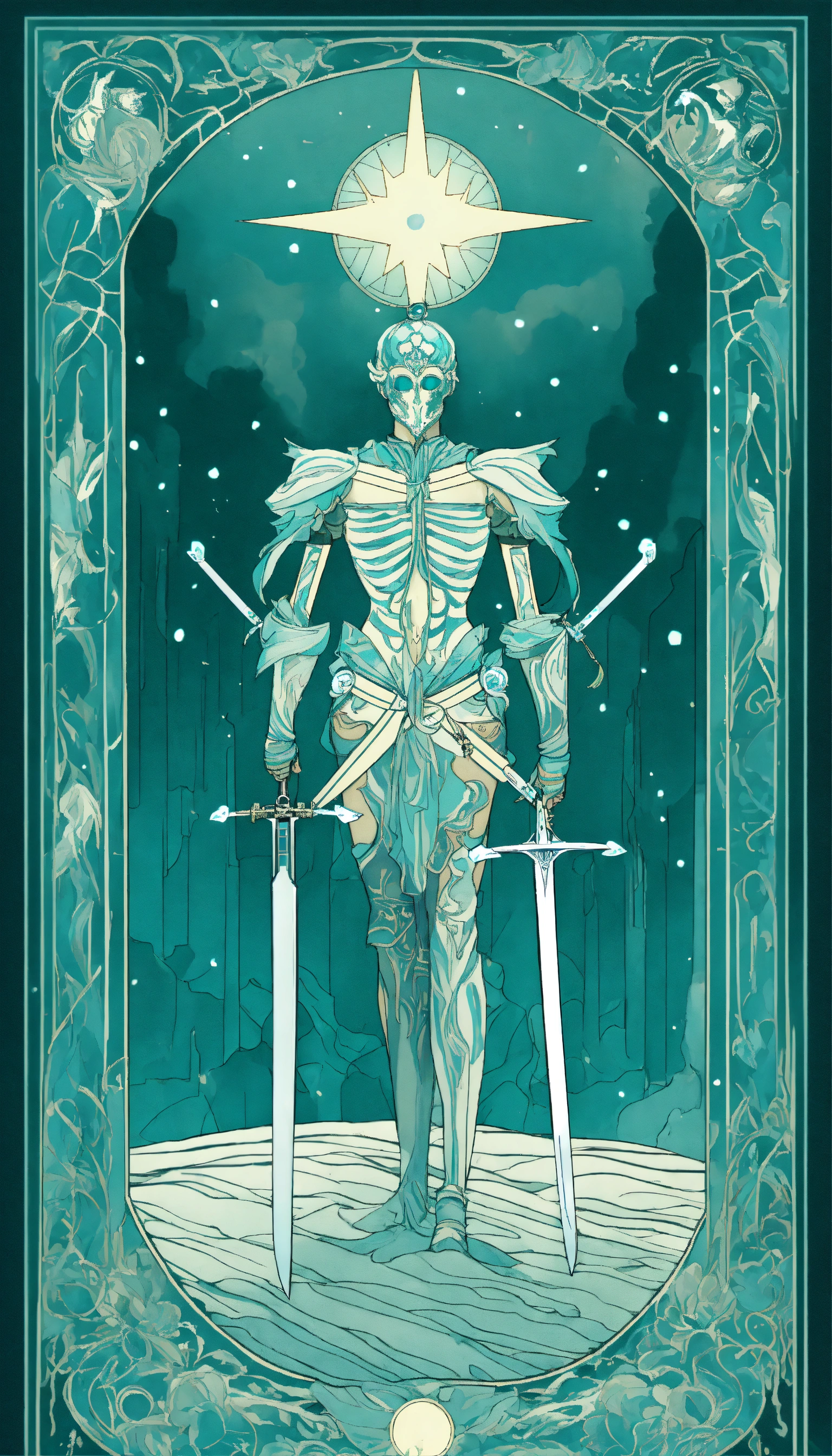 Lexica - Art Nouveau tarot card teal and white glowing killed man on ...