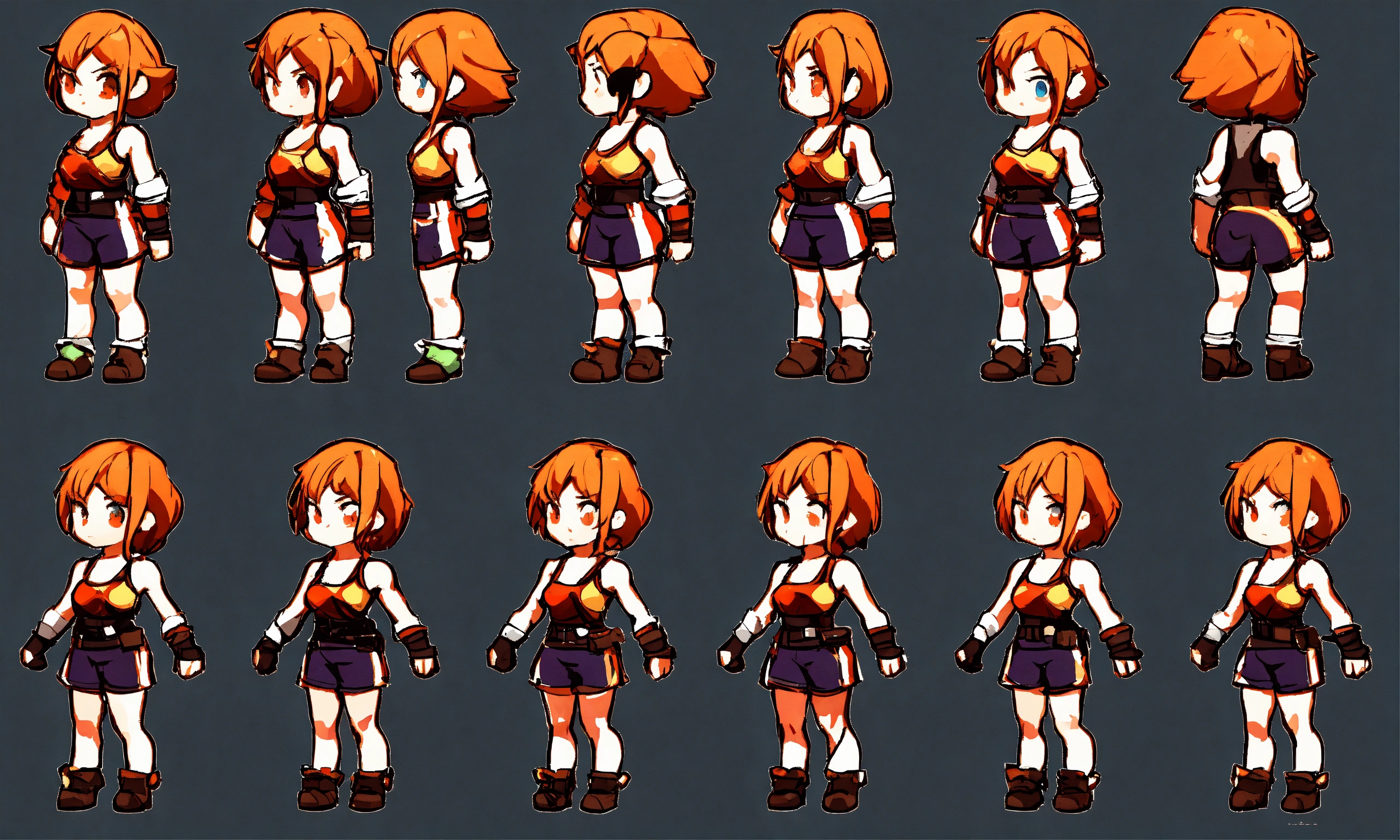 Lexica - Game assets, multiple poses, sprite sheet, girl, short hair ...