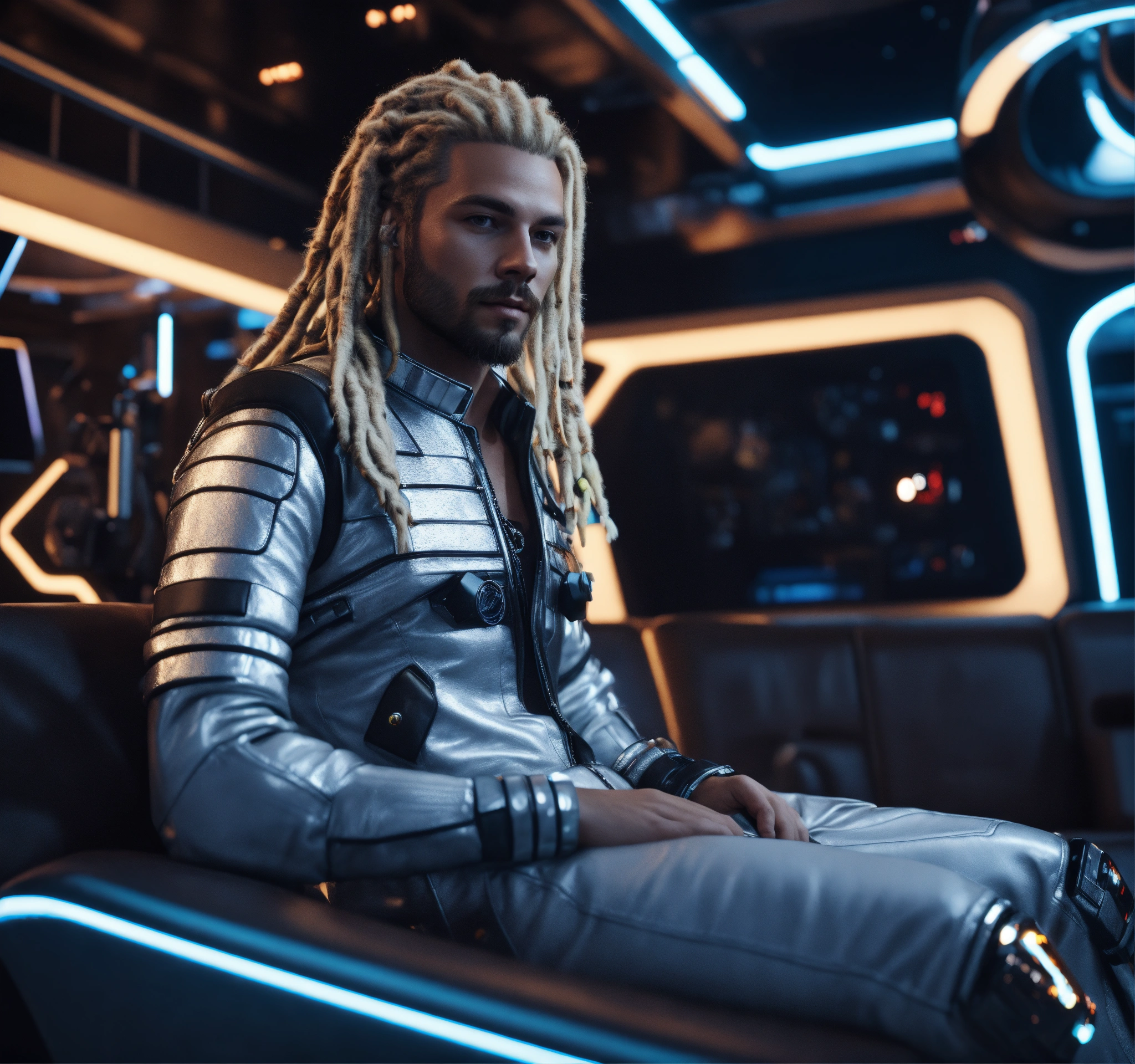 Lexica - Scruffy blonde dreadlock male rockstar in futuristic clothing ...