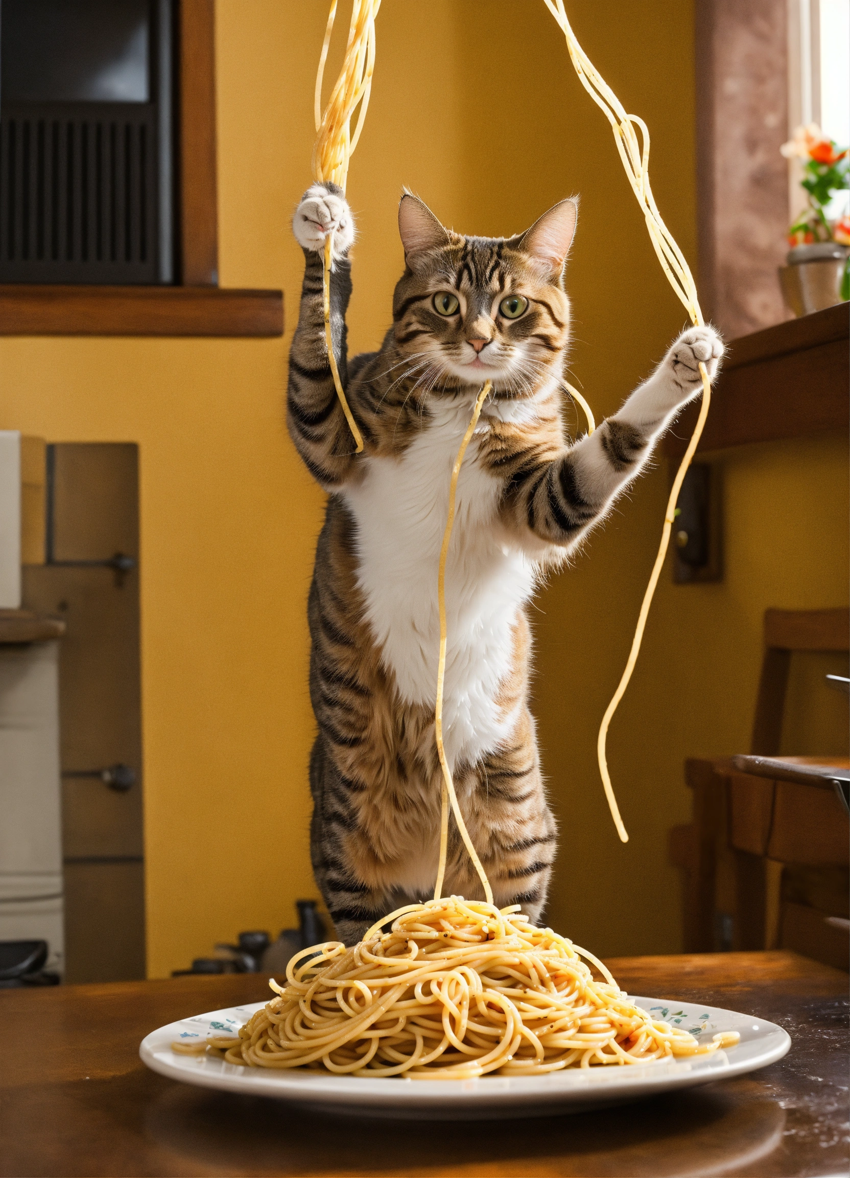 Lexica - A cat standing on 2 legs, eating spaghetti