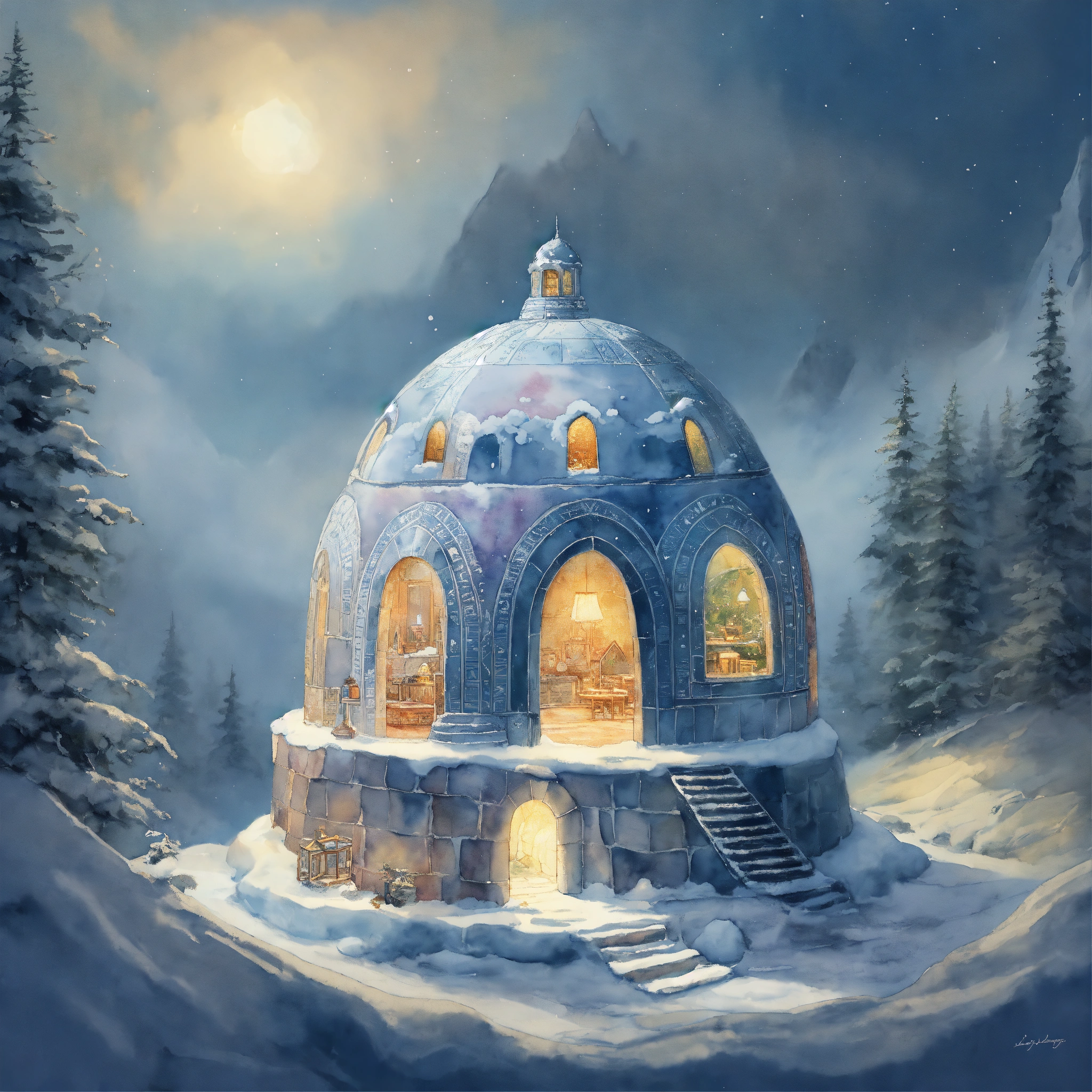 Lexica - A watercolor painting depicting an intricately detailed igloo ...