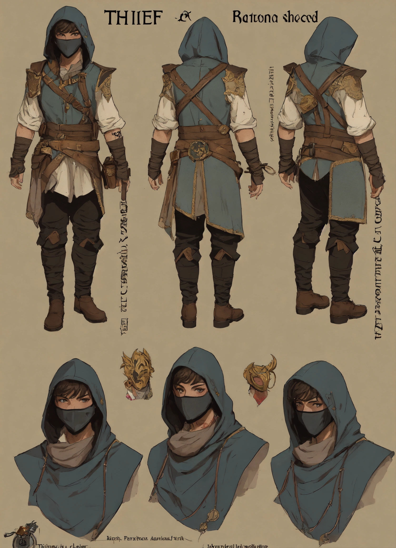Lexica - Thief tattoo mask, character sheet, character design, chart ...