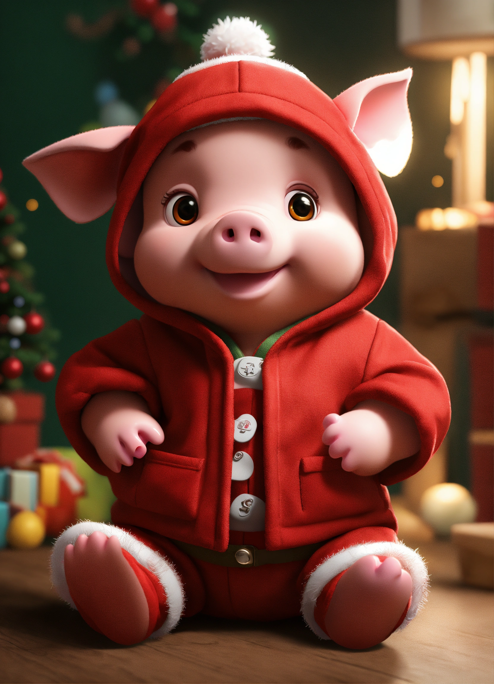 Lexica - Toy art cute baby piglet sitting wearing a red jacket and a ...