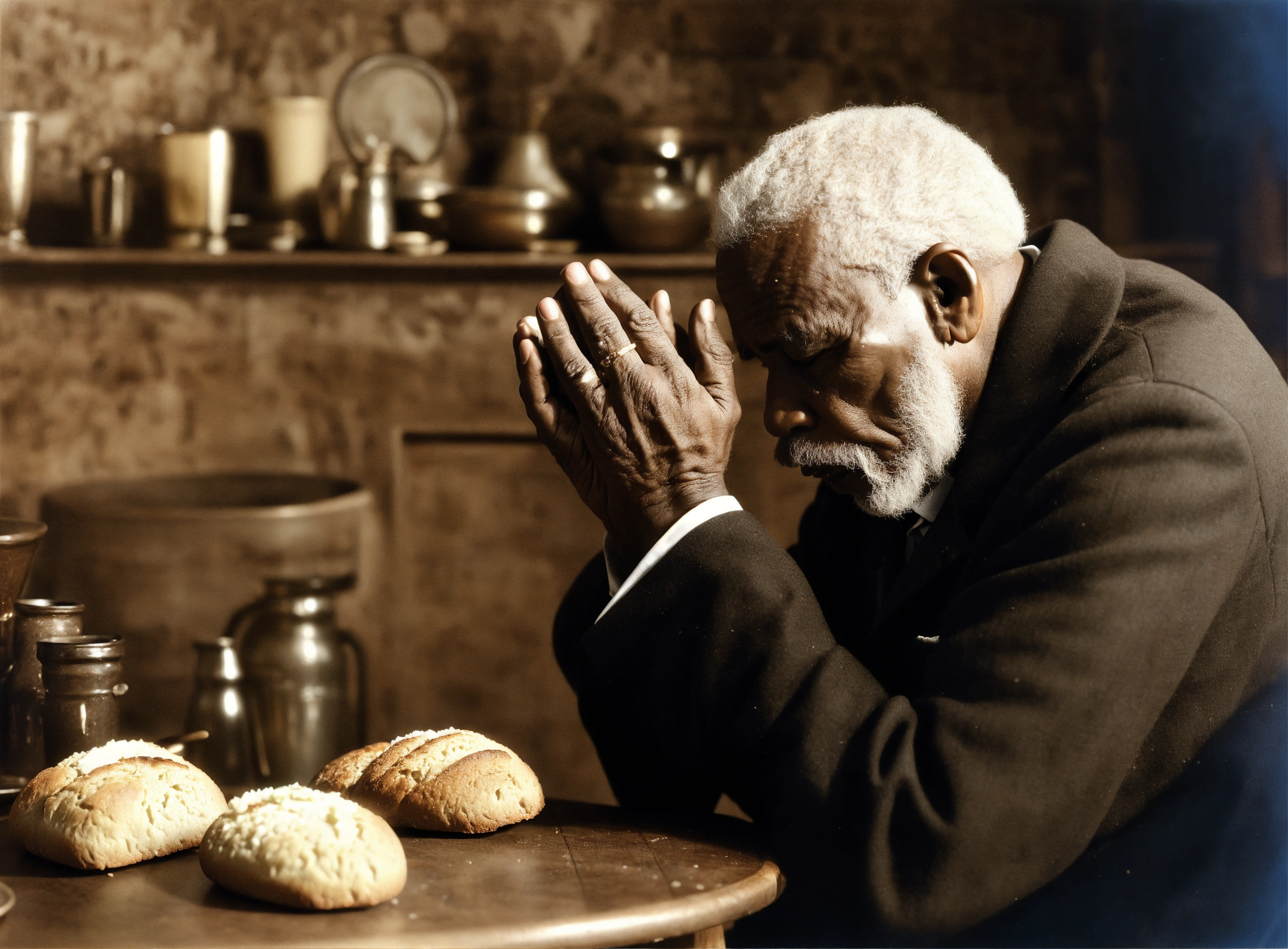 Lexica - Old African-American man praying with bread on the table. 1910s