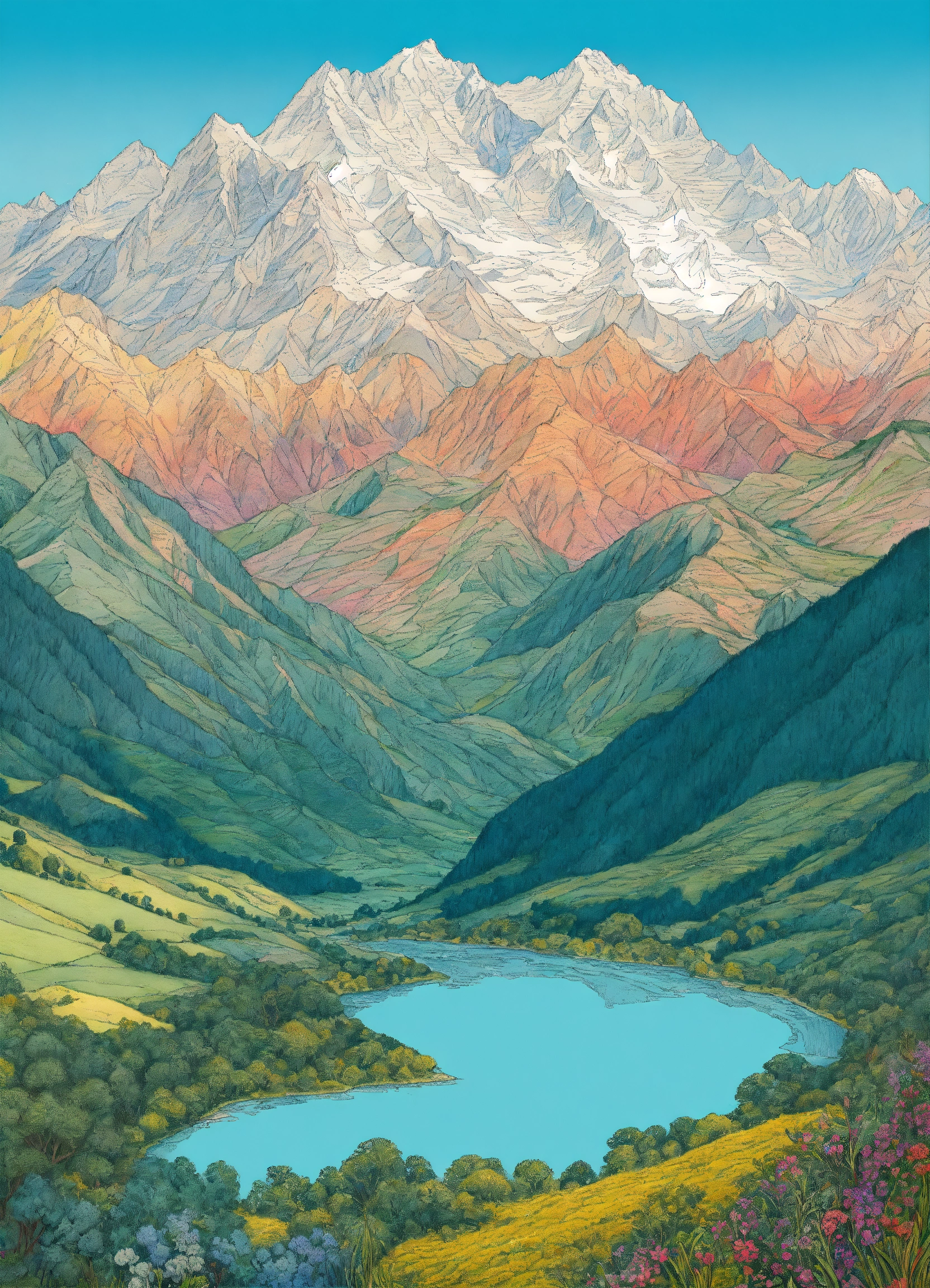 Lexica - Drawing the Southern Alps (New Zealand) in summer. Line ...
