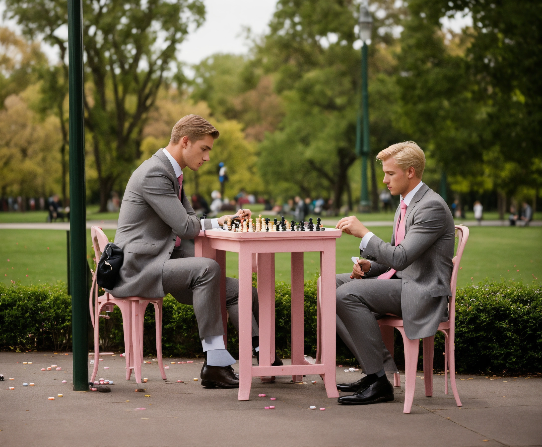 Lexica - Two young blonde male gentlemen in grey pinstripe suit, pink ...