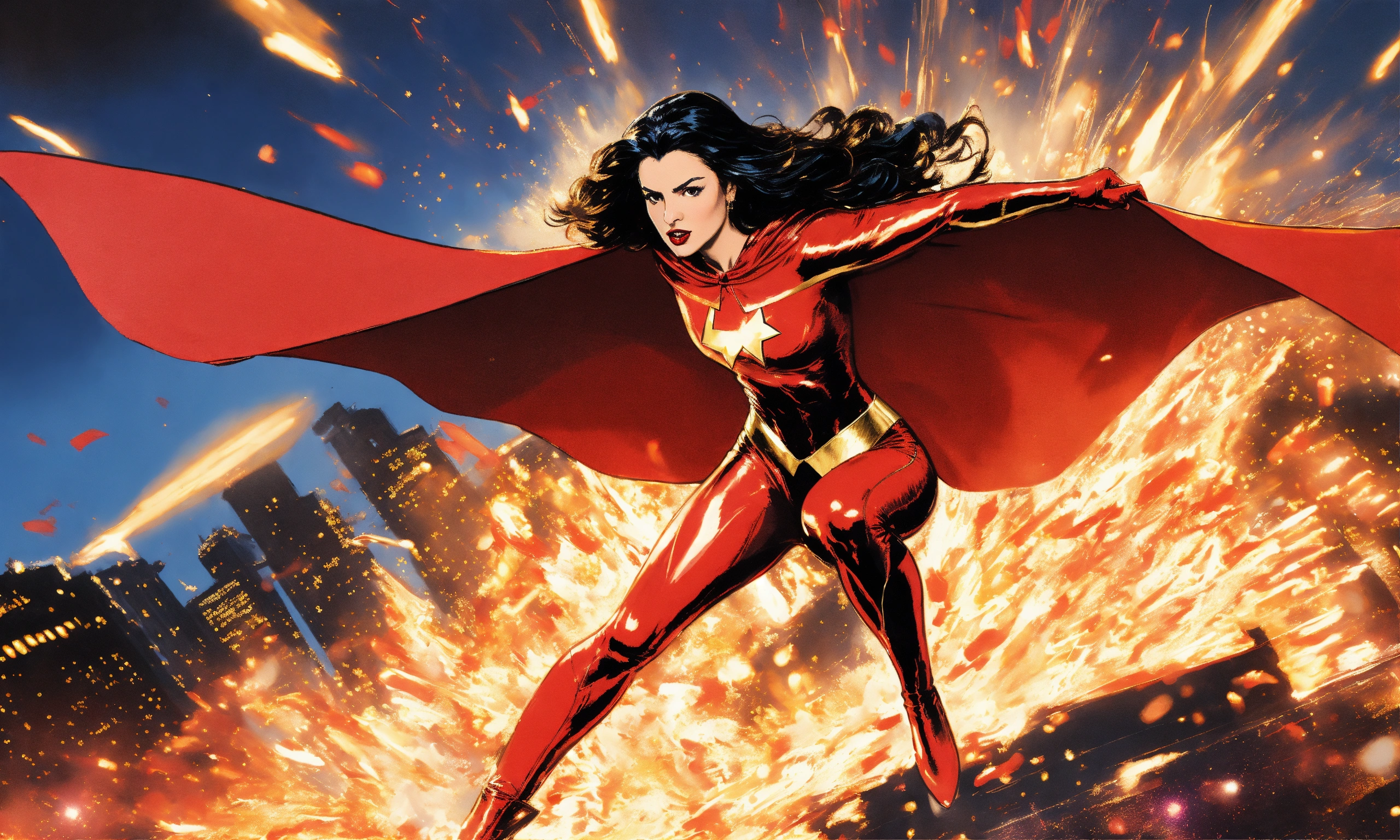 Lexica - Beautiful caped brunette female superhero, action pose, fiery ...