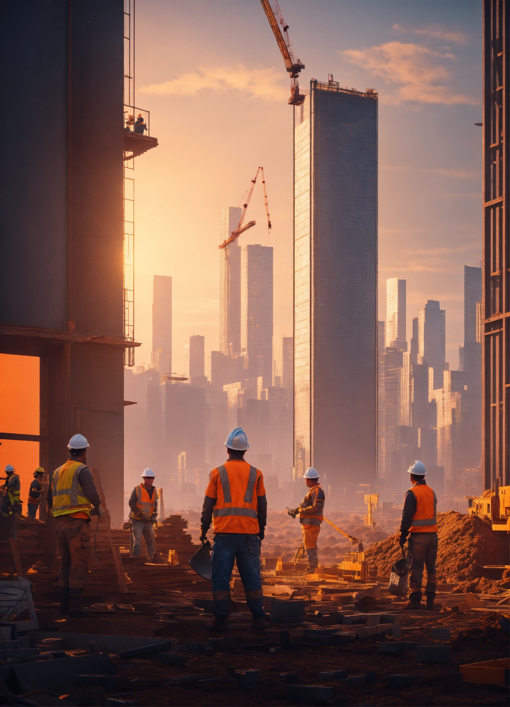 Lexica - Construction workers building a new city, orange skyline in ...