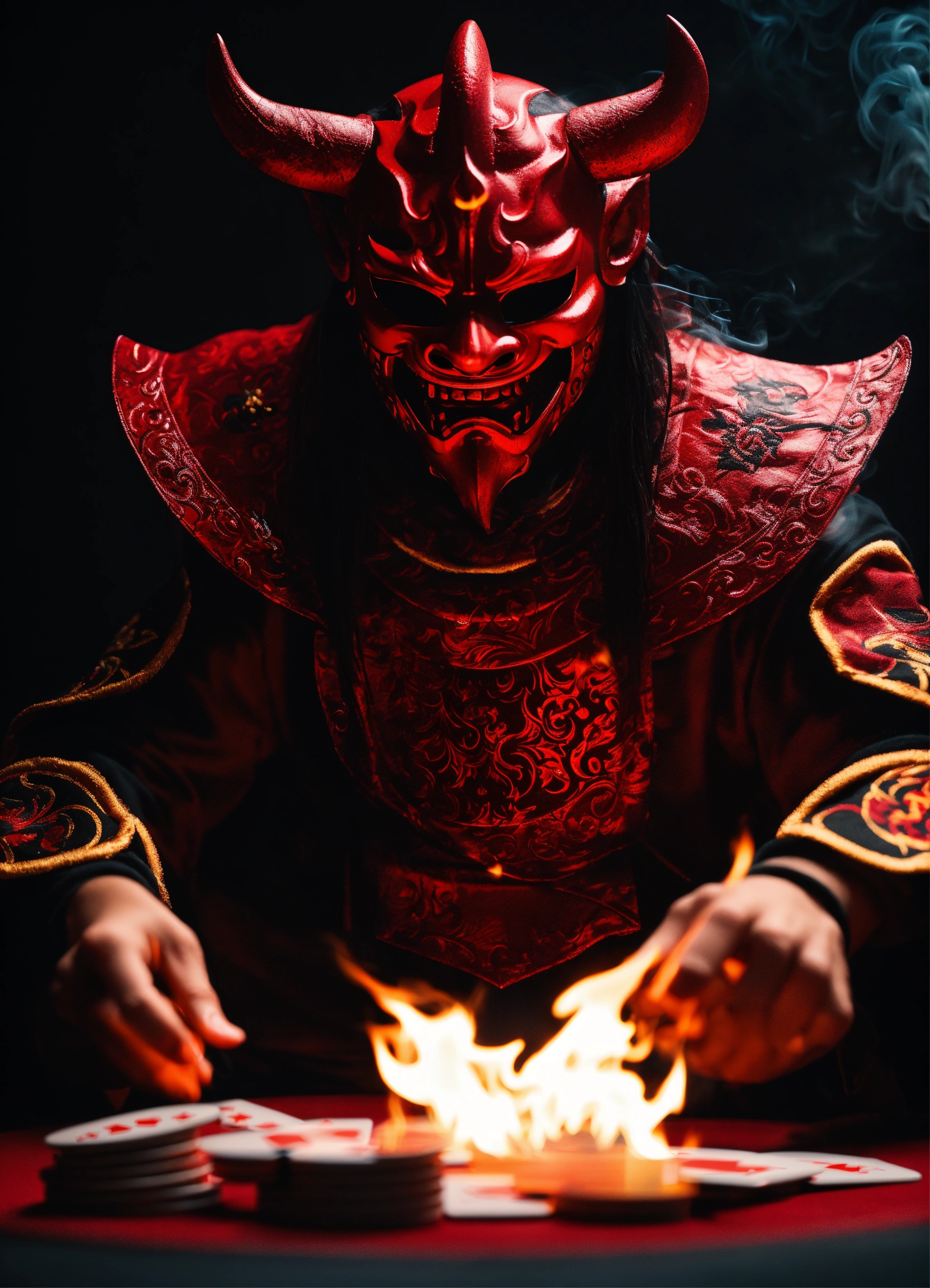Lexica - Red oni mask, black background followed by realistic flames ...