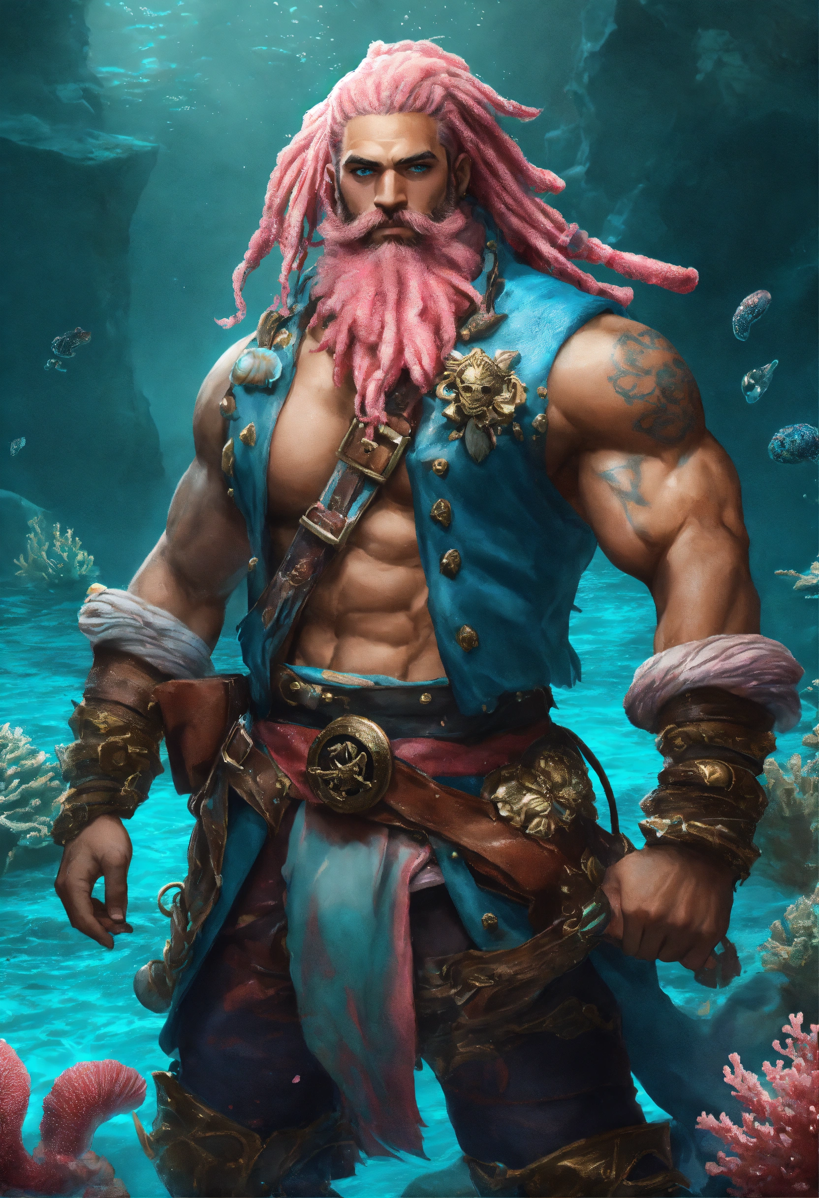 Lexica - A buff muscular Triton pirate with scales across his Blue skin ...