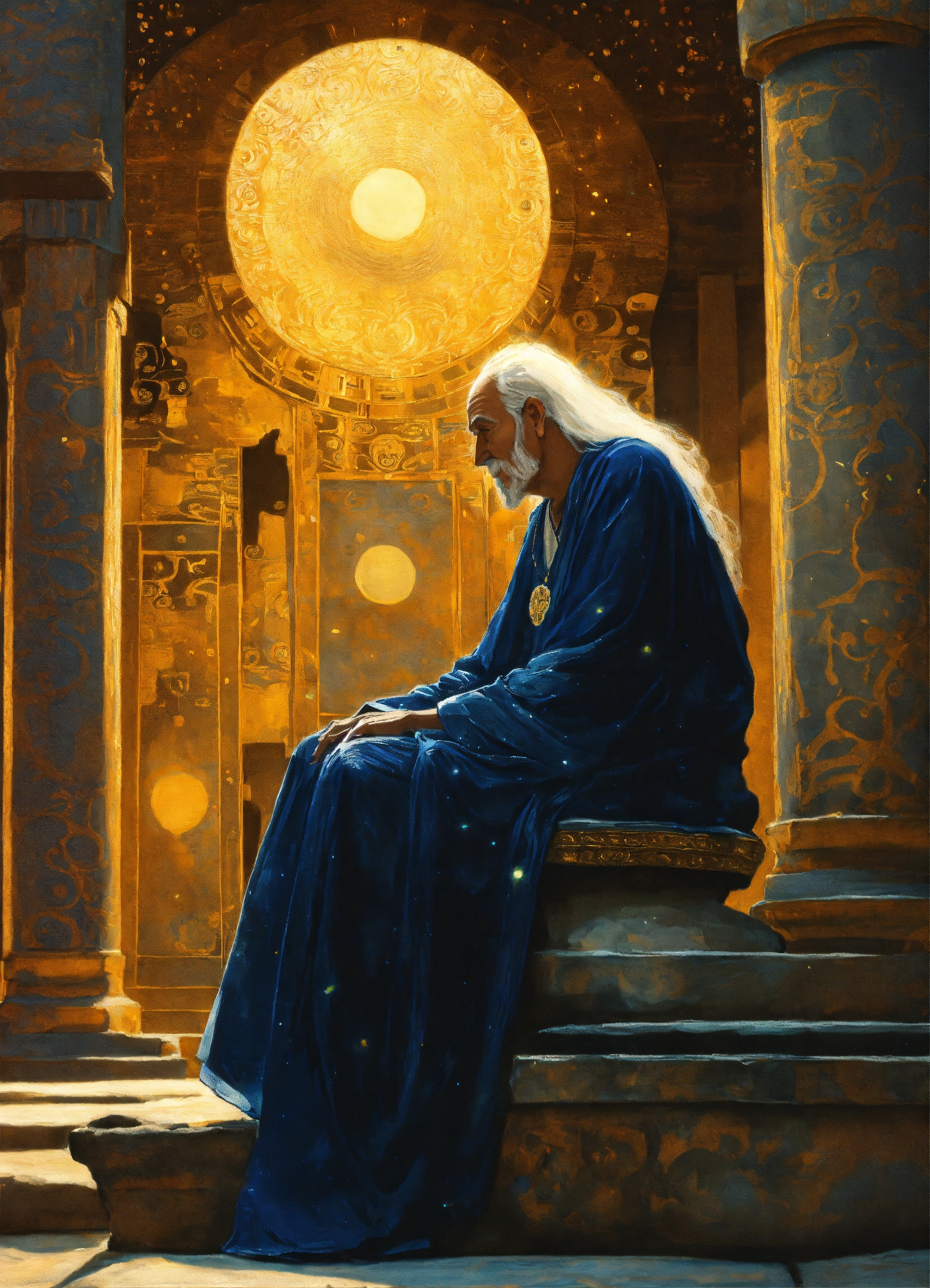 Lexica - A wise elder sitting in ancient temple ruins with ethereal ...