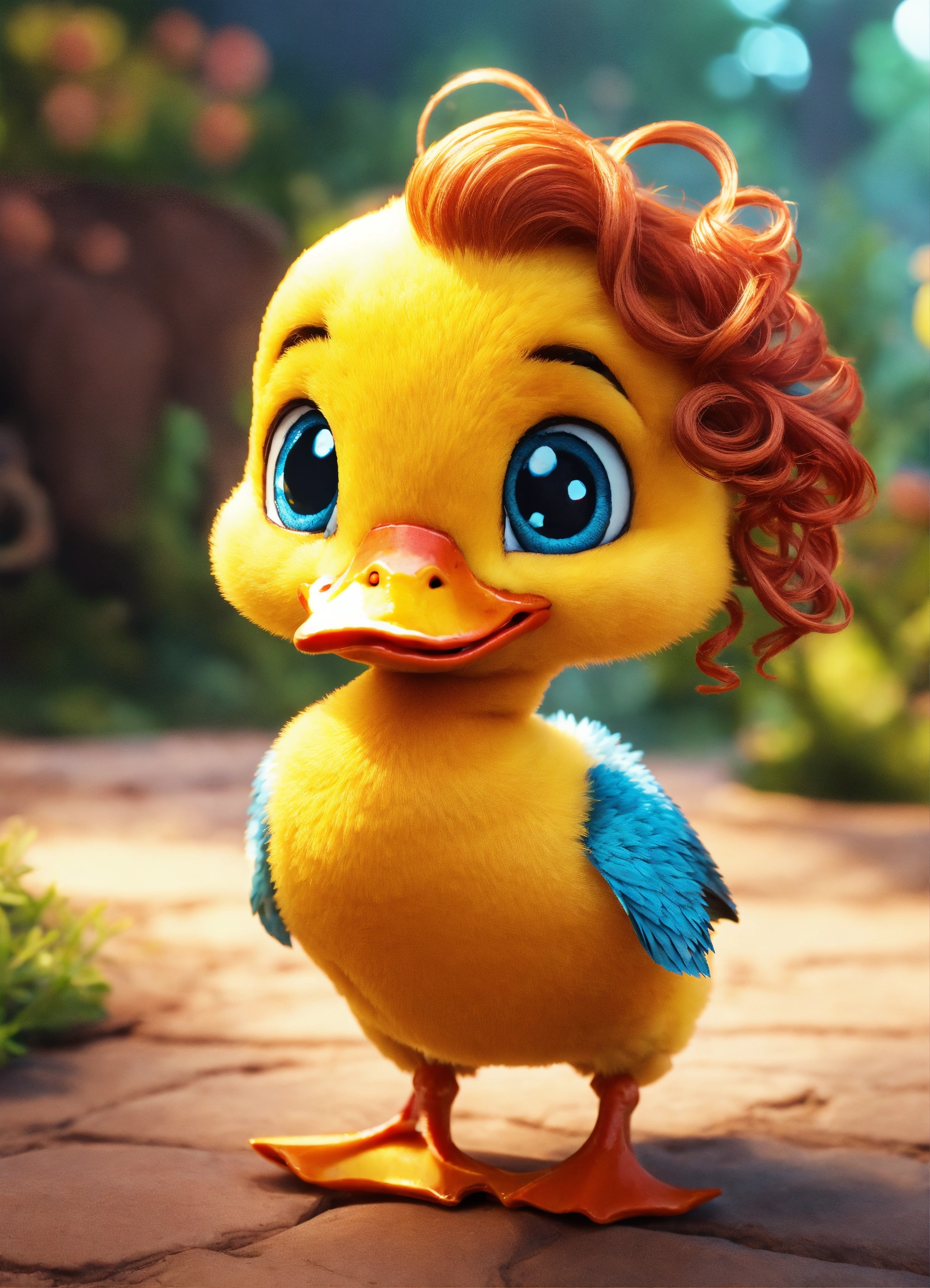 Lexica - A cute baby duck with big blue eyes and long long red curly ...
