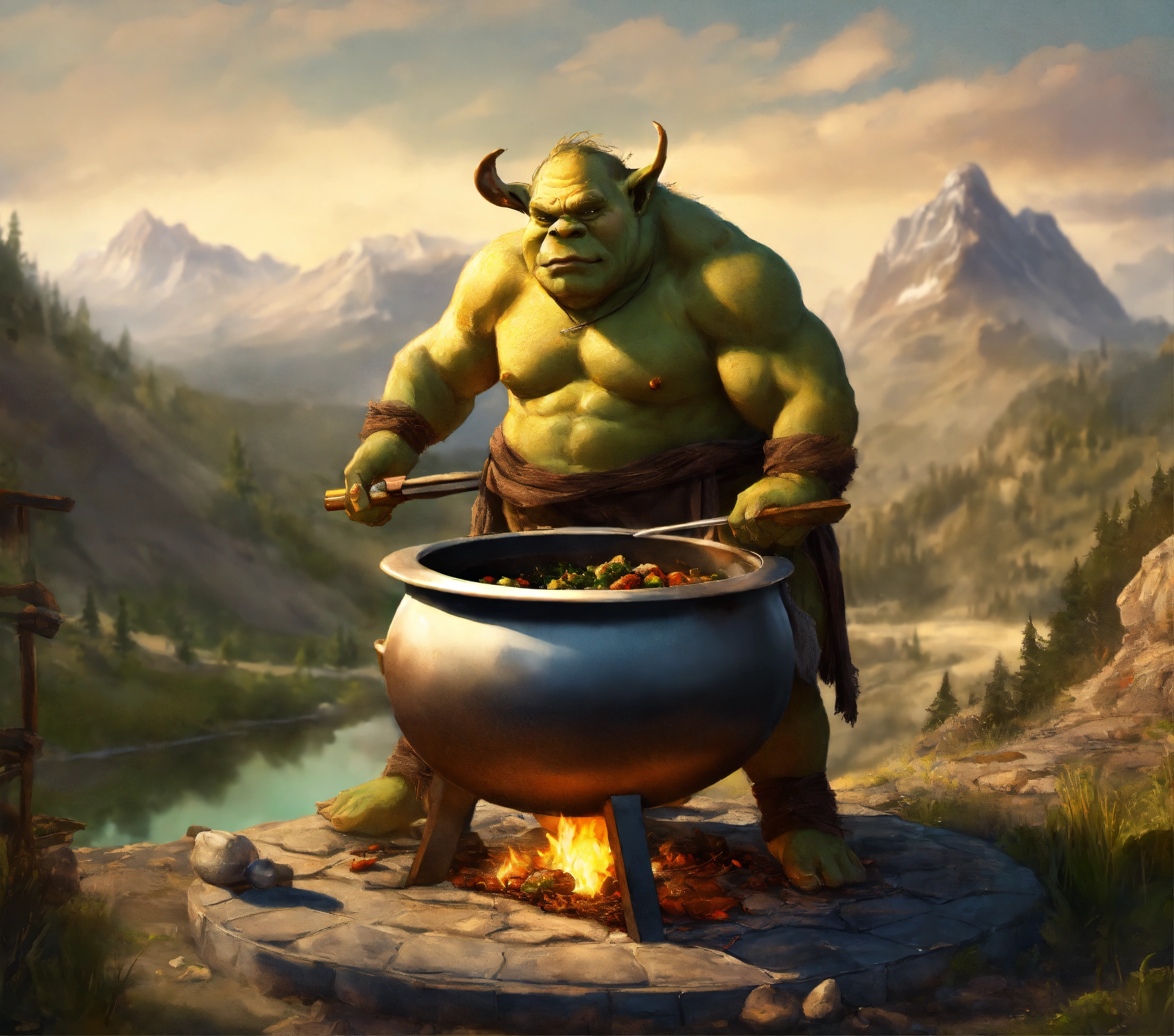 Lexica - Ogre female cooking in a cauldron, mountain, digital painting ...