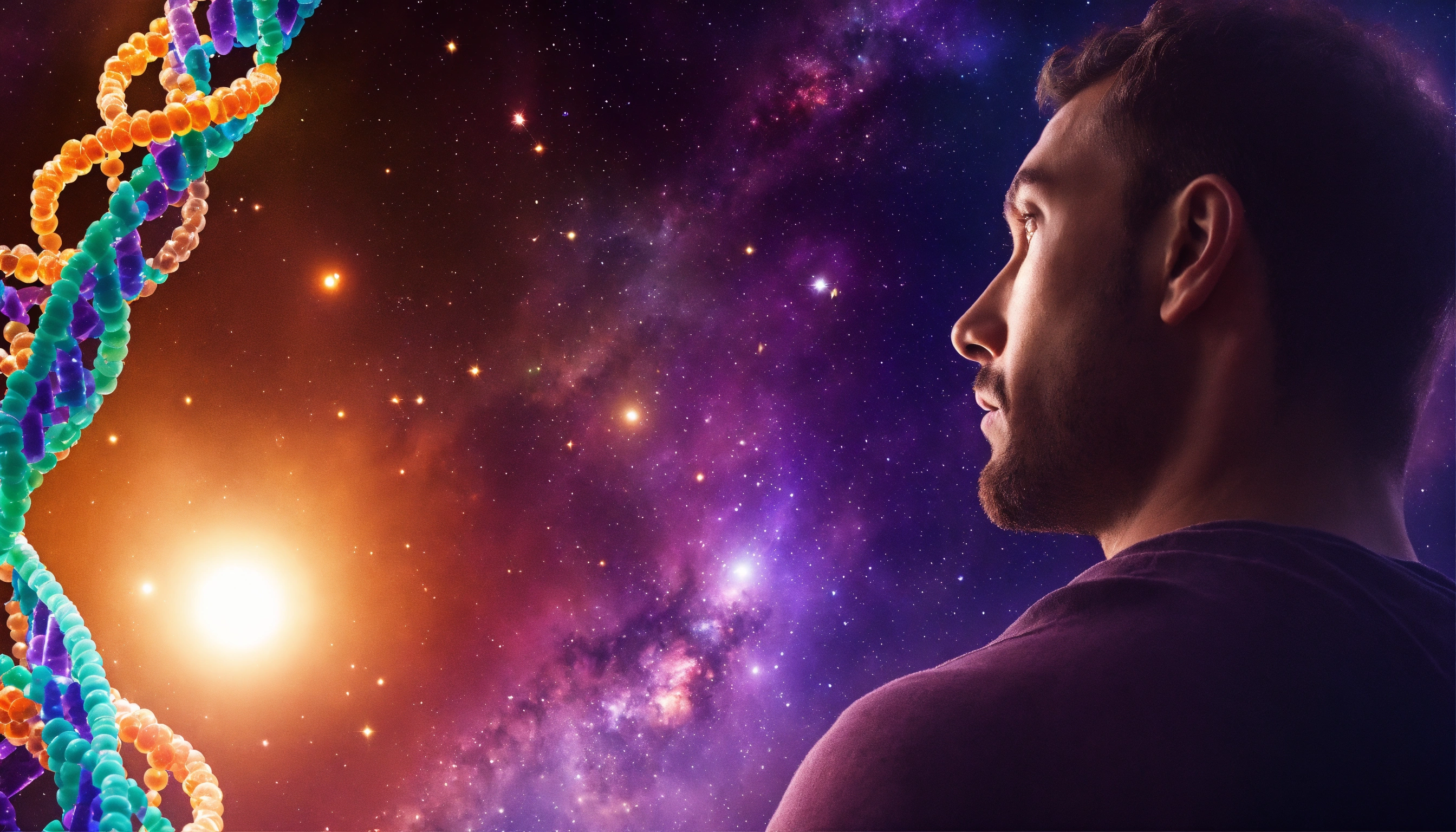 Lexica - Well built man looking up, dna strands floating in the ...